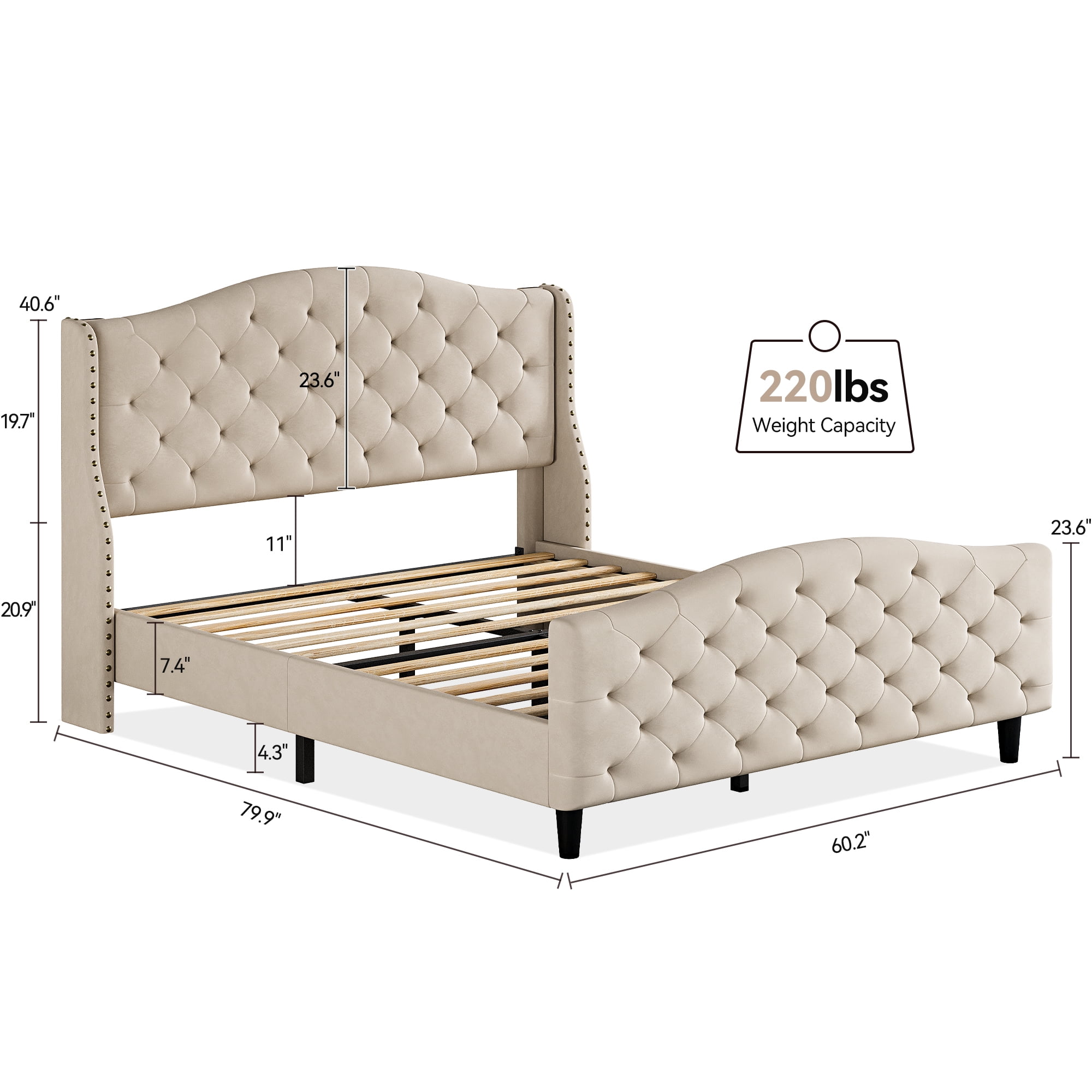 Wood Platform Bed Frame with Tufted Upholstered Headboard and Footboard ...