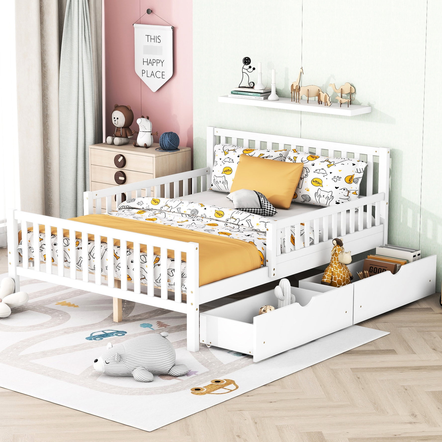 Wood Platform Bed / Full Size, White Color with Solid Construction ...