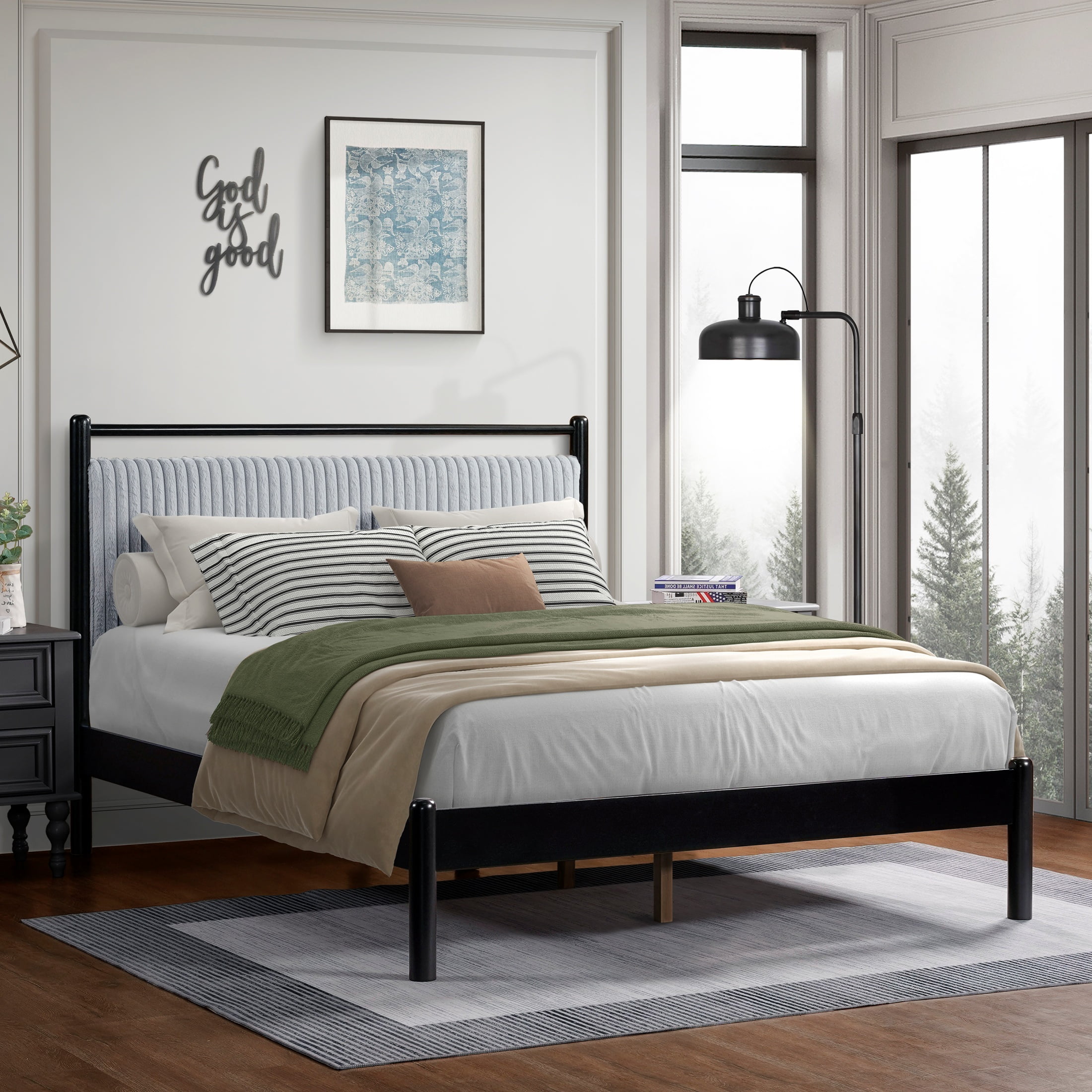 Wood Platform Full Size Bed Frame with Fluffy Soft Upholstered Headboard,Wood Bed Support and ...
