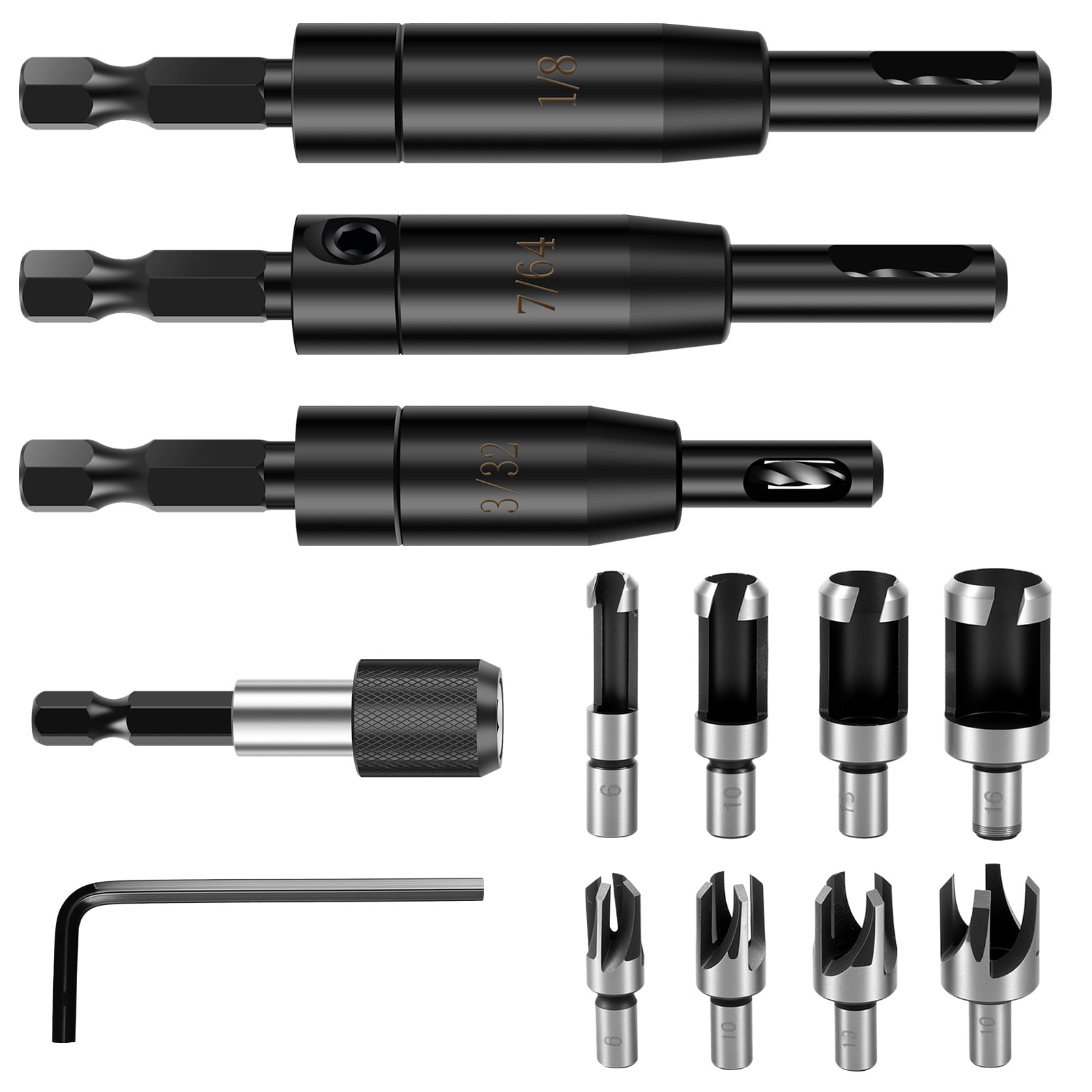 Wood Plug Cutter Drill Bit Set Quick Change 1/4 Inch Hex Shank 5 Flute ...