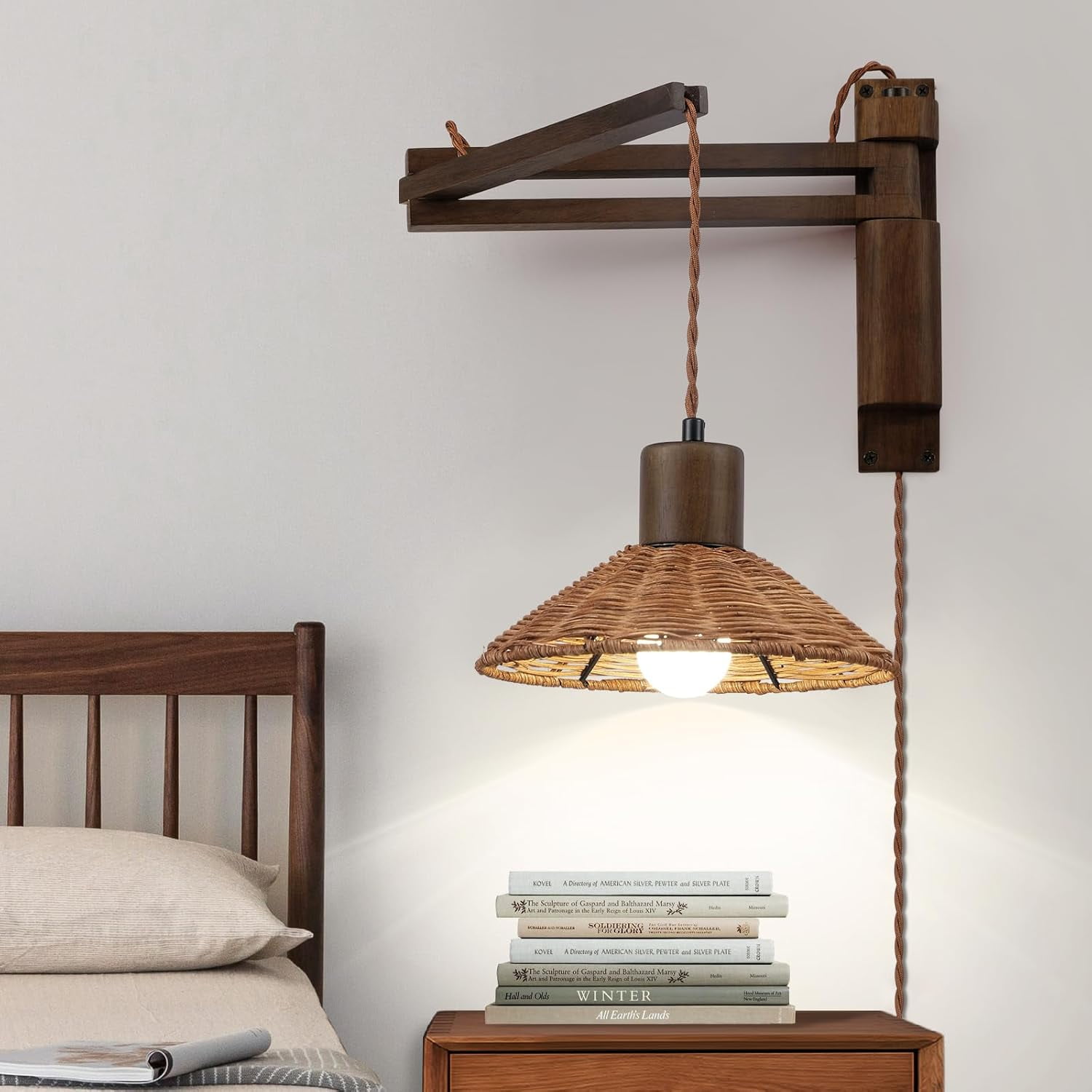 Wood Plug in Wall Sconces, Swing Arm Wall Lamp with Dimmable On Off ...