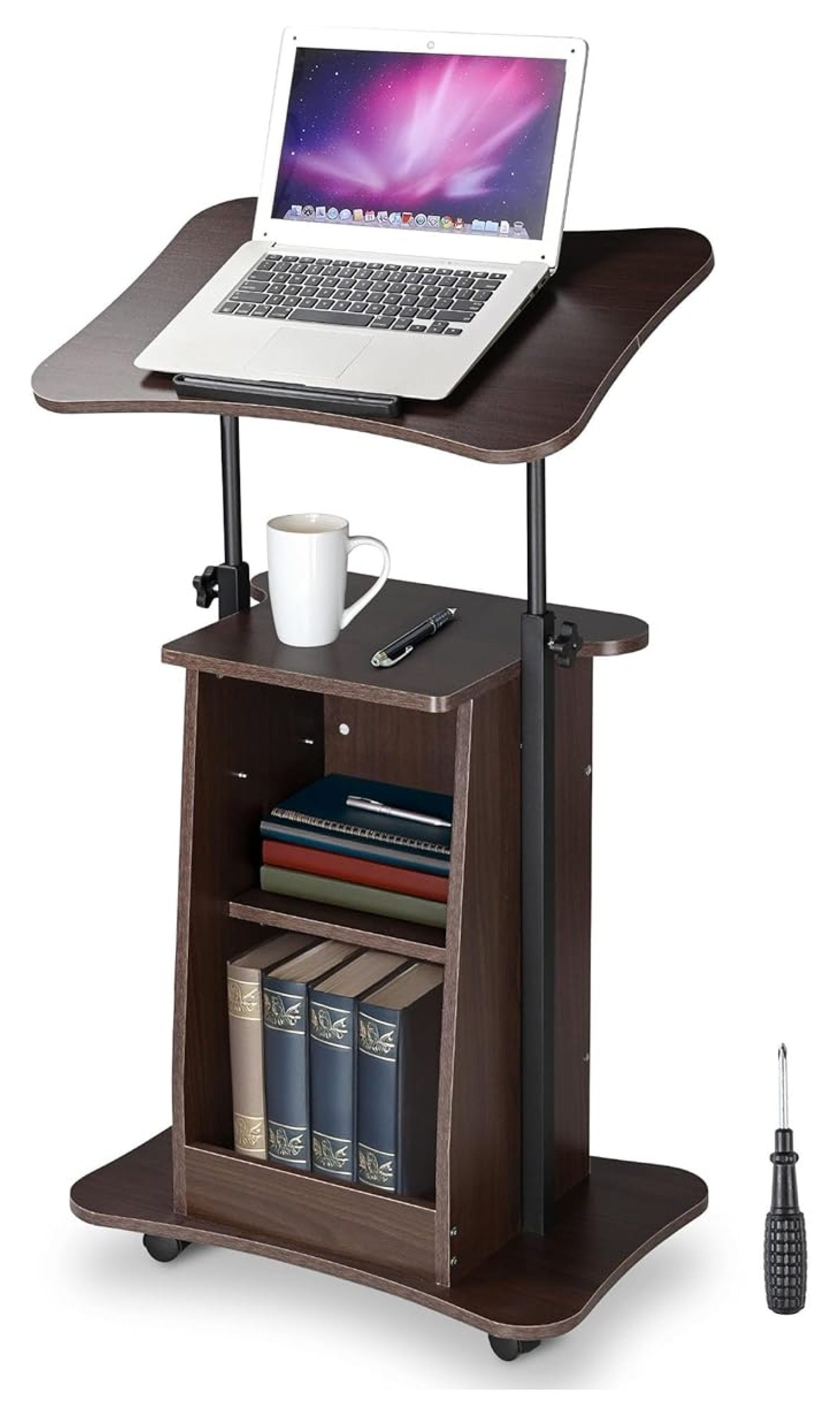 Wood Podium Rolling Lectern Stand with Shelf - Adjustable Height ...