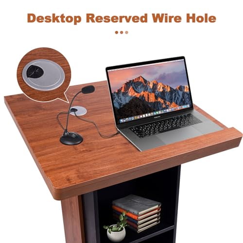 Wood Podium Stand with 4 Lockable Wheels，44.6“ Wooden Lectern with ...