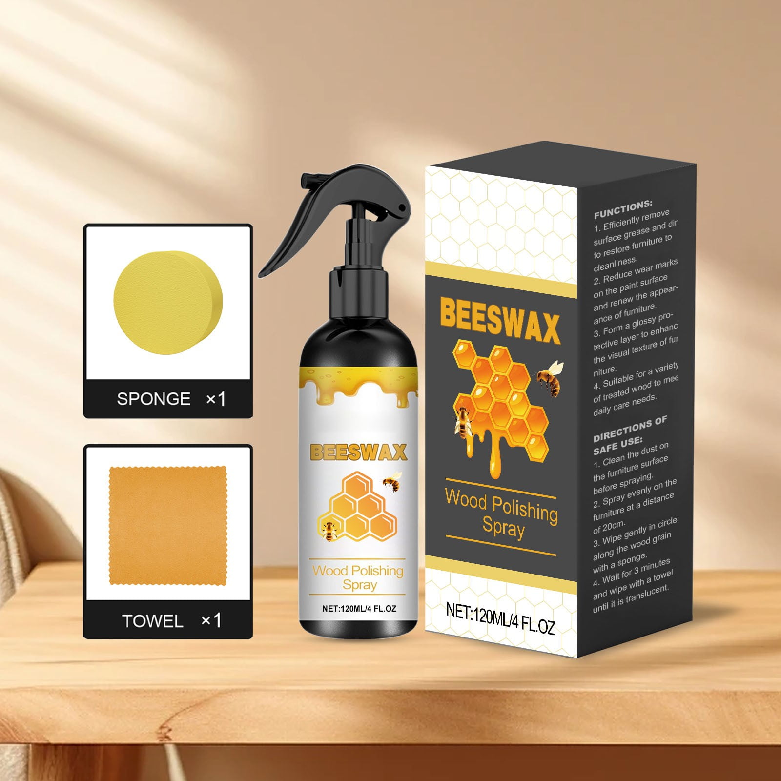 Wood Polishing Spray - 120ml Furniture Care Solution with Beeswax, Deep ...
