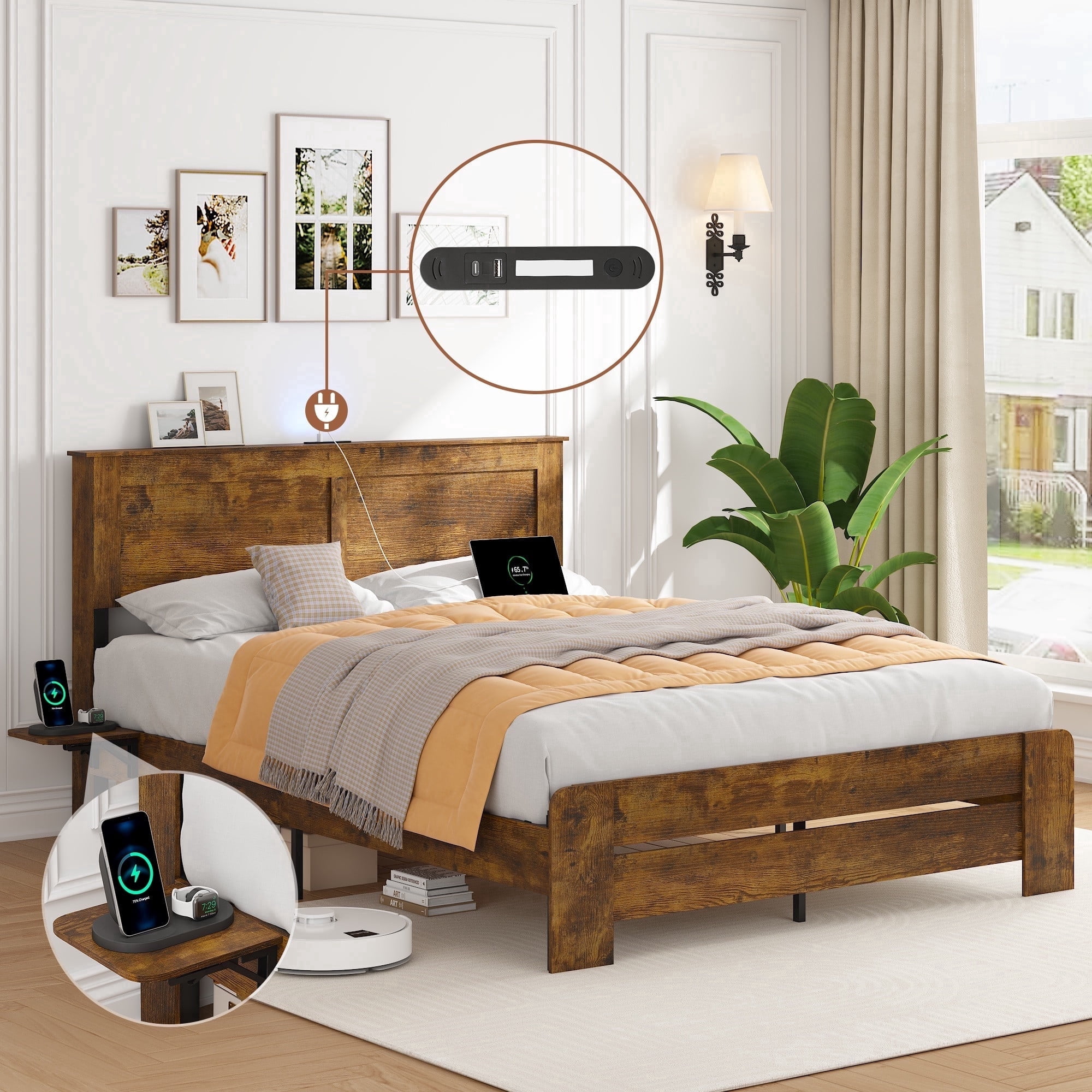 Wood Queen Bed Frame with Headboard for Bedroom, Holaki Rustic ...