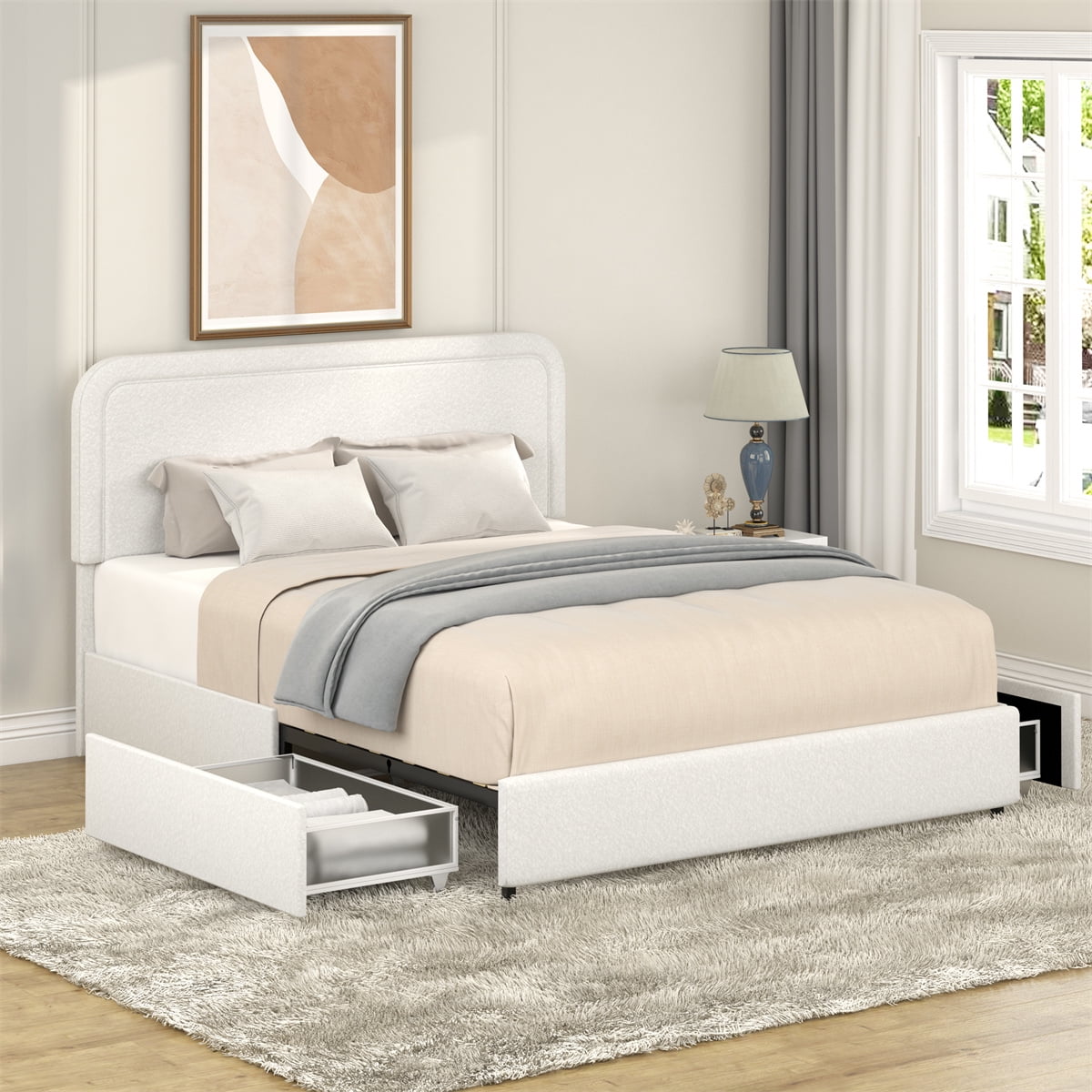 Wood Queen Size Bed Frame, Boucle Upholstered Platform Bed Frame with ...