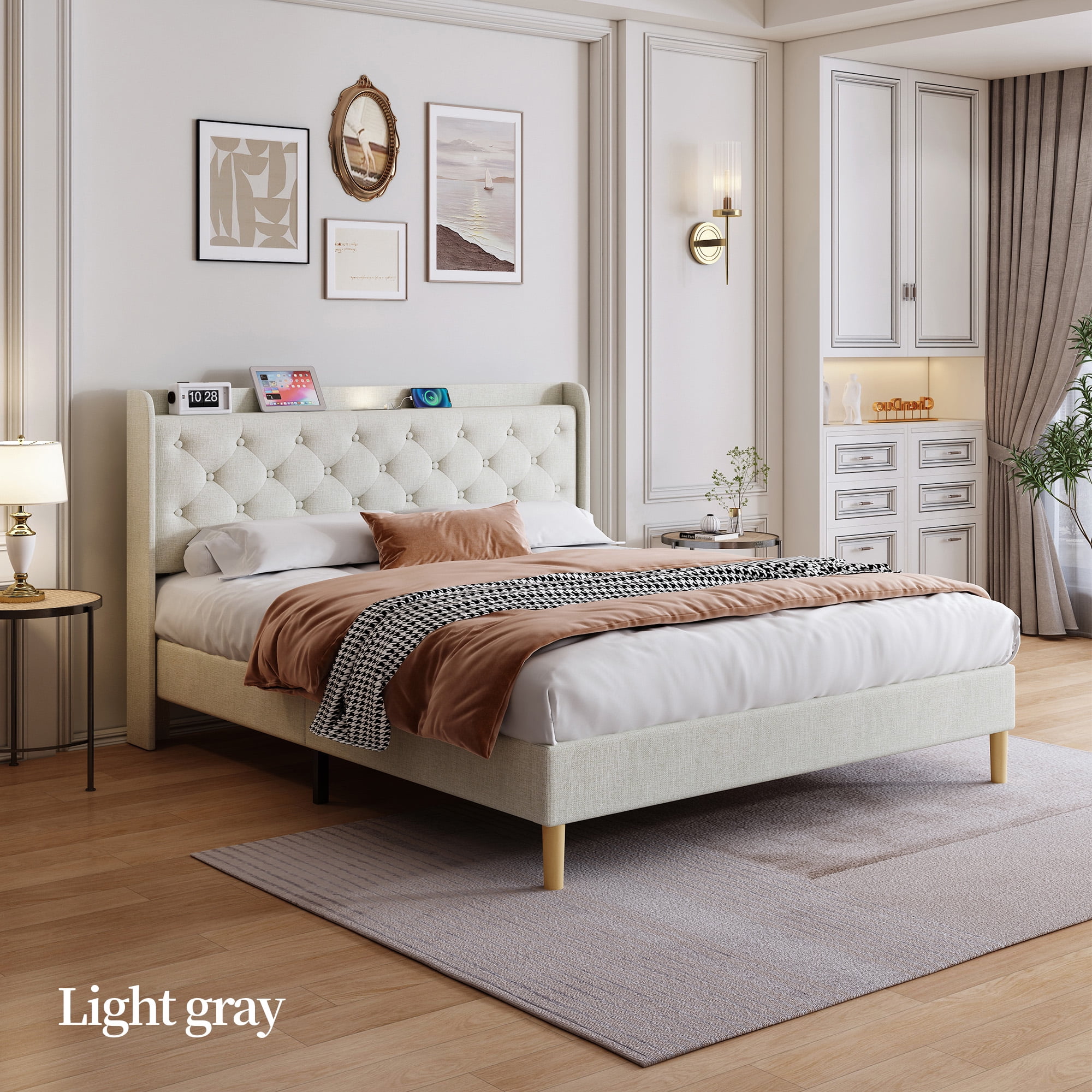 Wood Queen Size Bed Frame with Headboard, Upholstered Platform Bed with ...