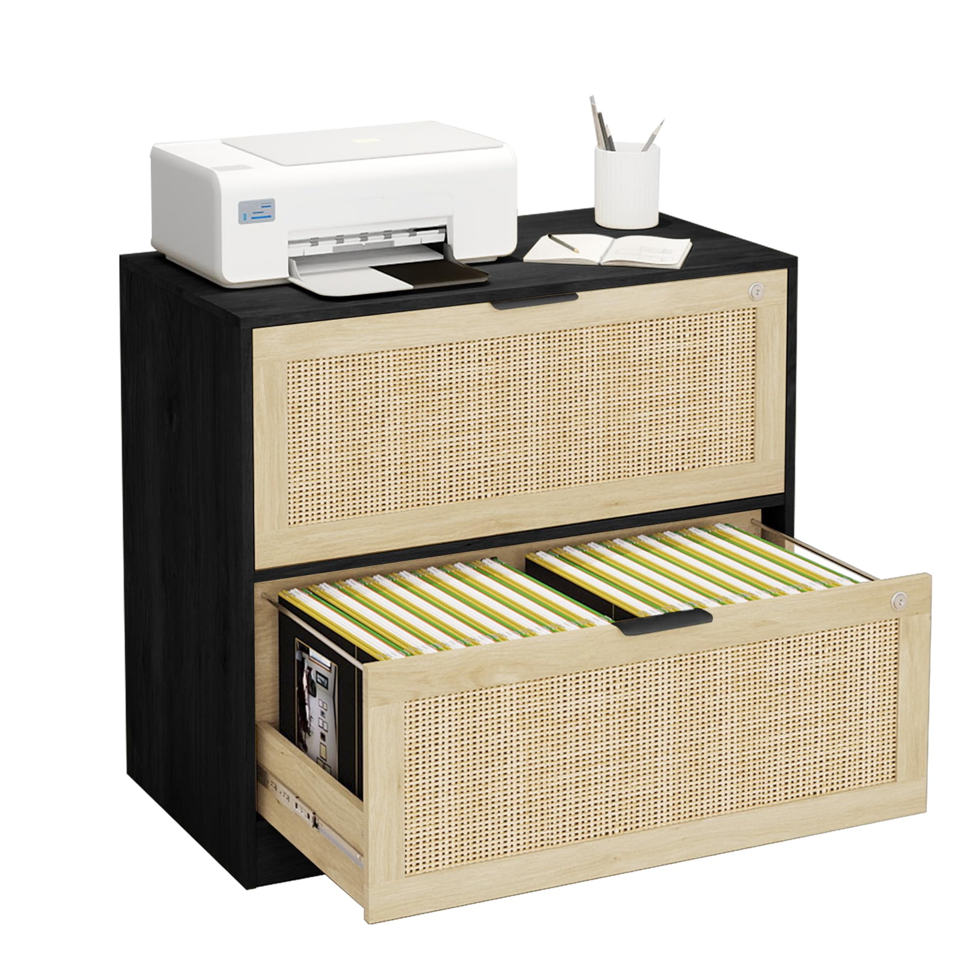 Wood Rattan 2 Drawer File Cabinet with Lock, Lateral Filing Storage for ...