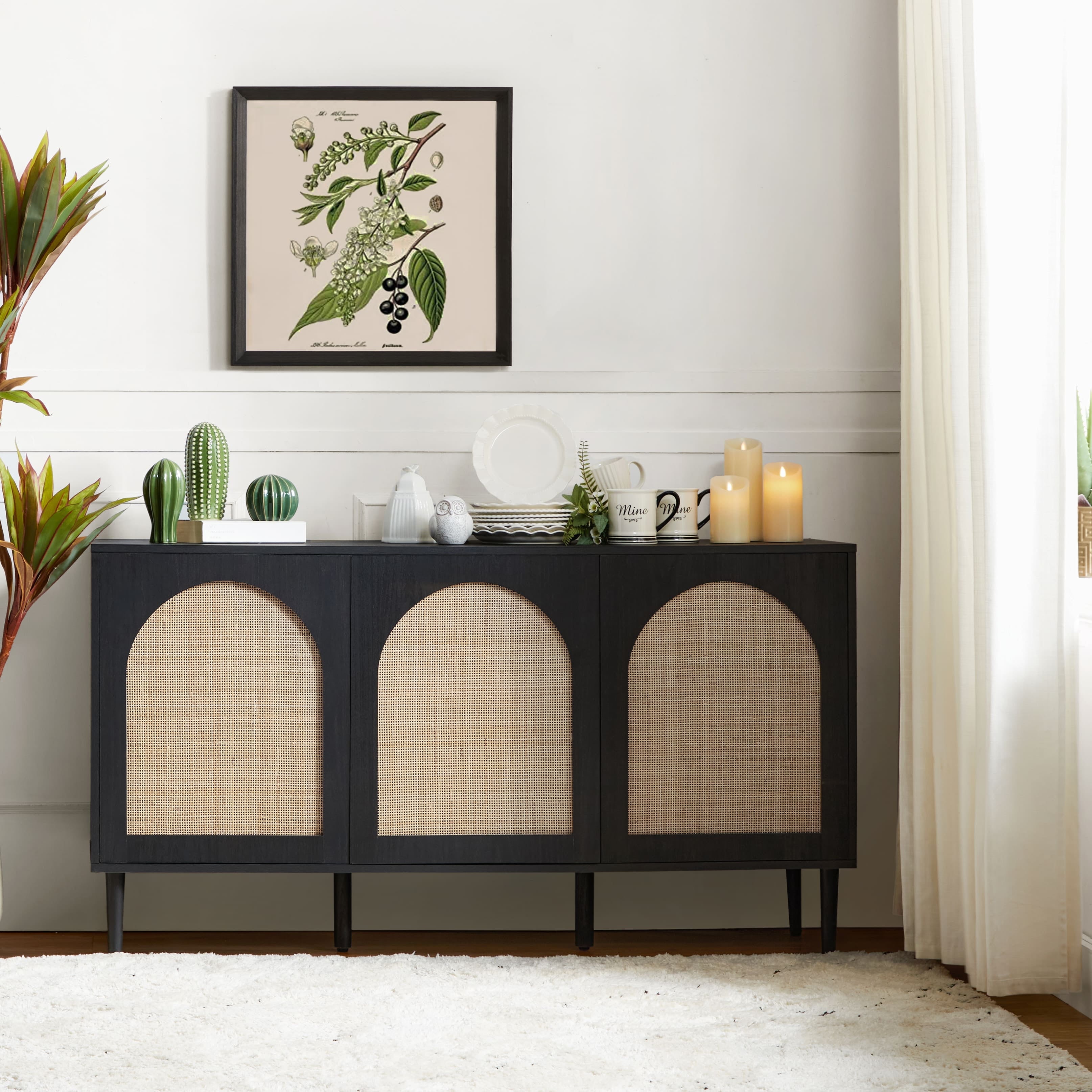 Wood Rattan Arch 3 Doors Storage Credenza Sideboard Buffet Cabinet with ...