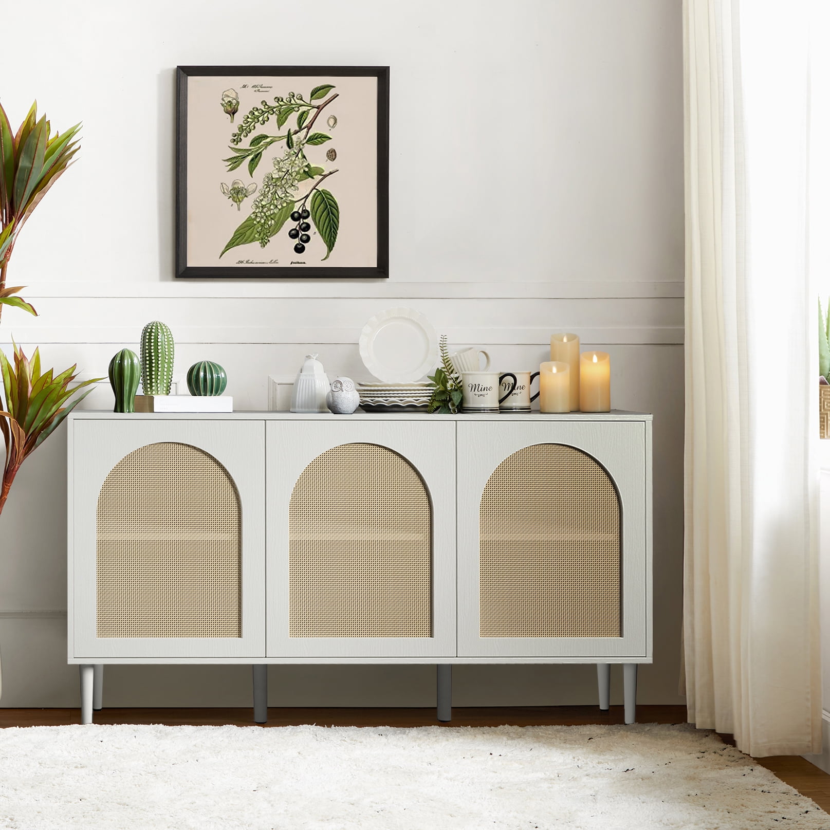 Wood Rattan Arch 3 Doors Storage Credenza Sideboard Buffet Cabinet with ...
