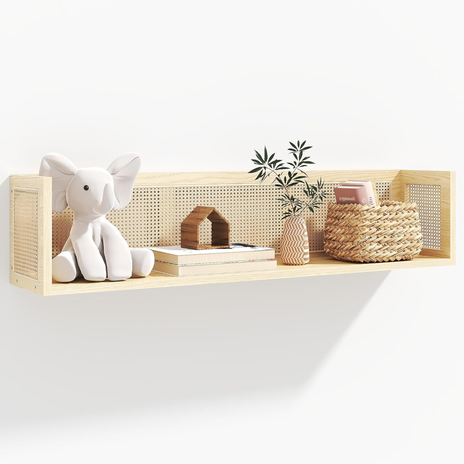 Wood and Rattan Wall Shelf - 36’’ Nursery Floating Shelves for Wall ...