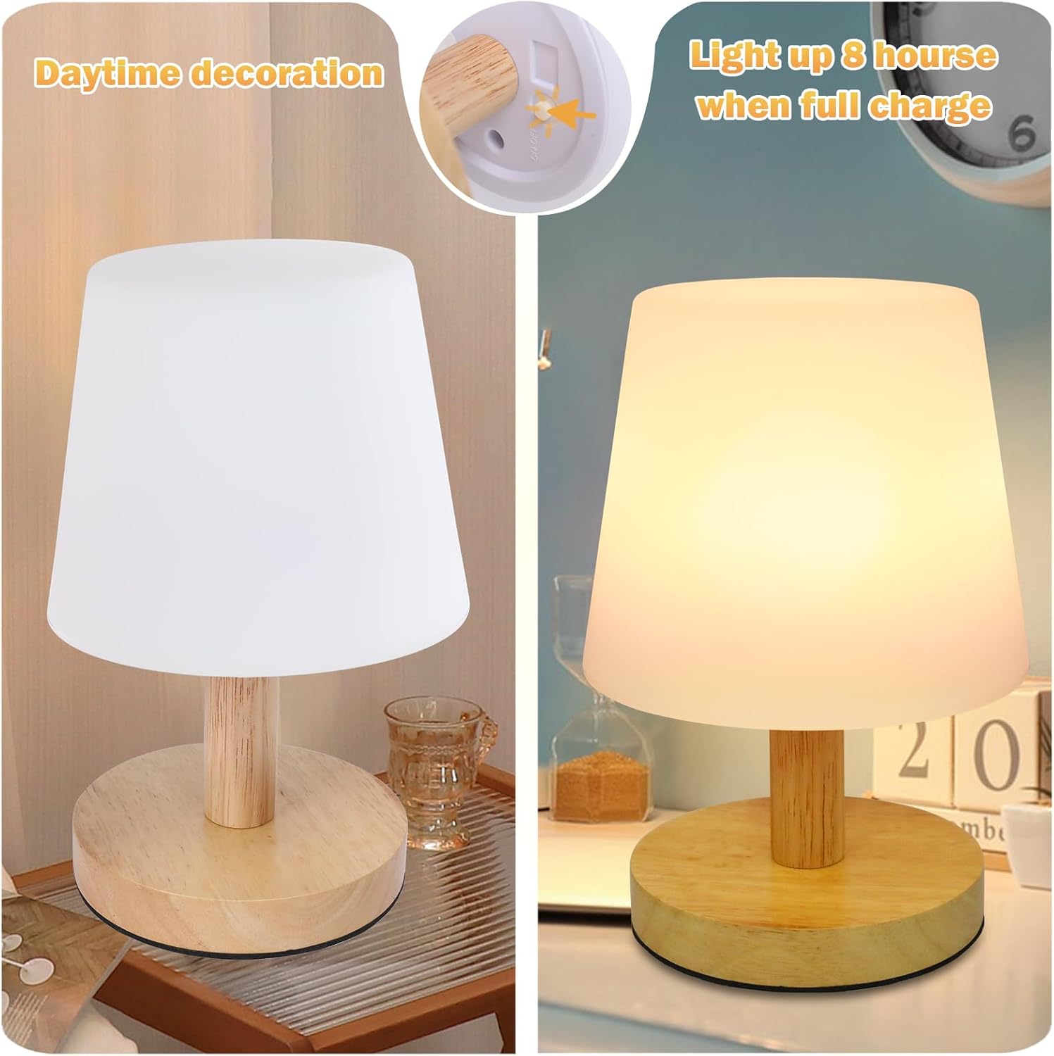 Wood Rechargeable Table Lamp Cordless, 9" Small 4000mAh Battery Table ...
