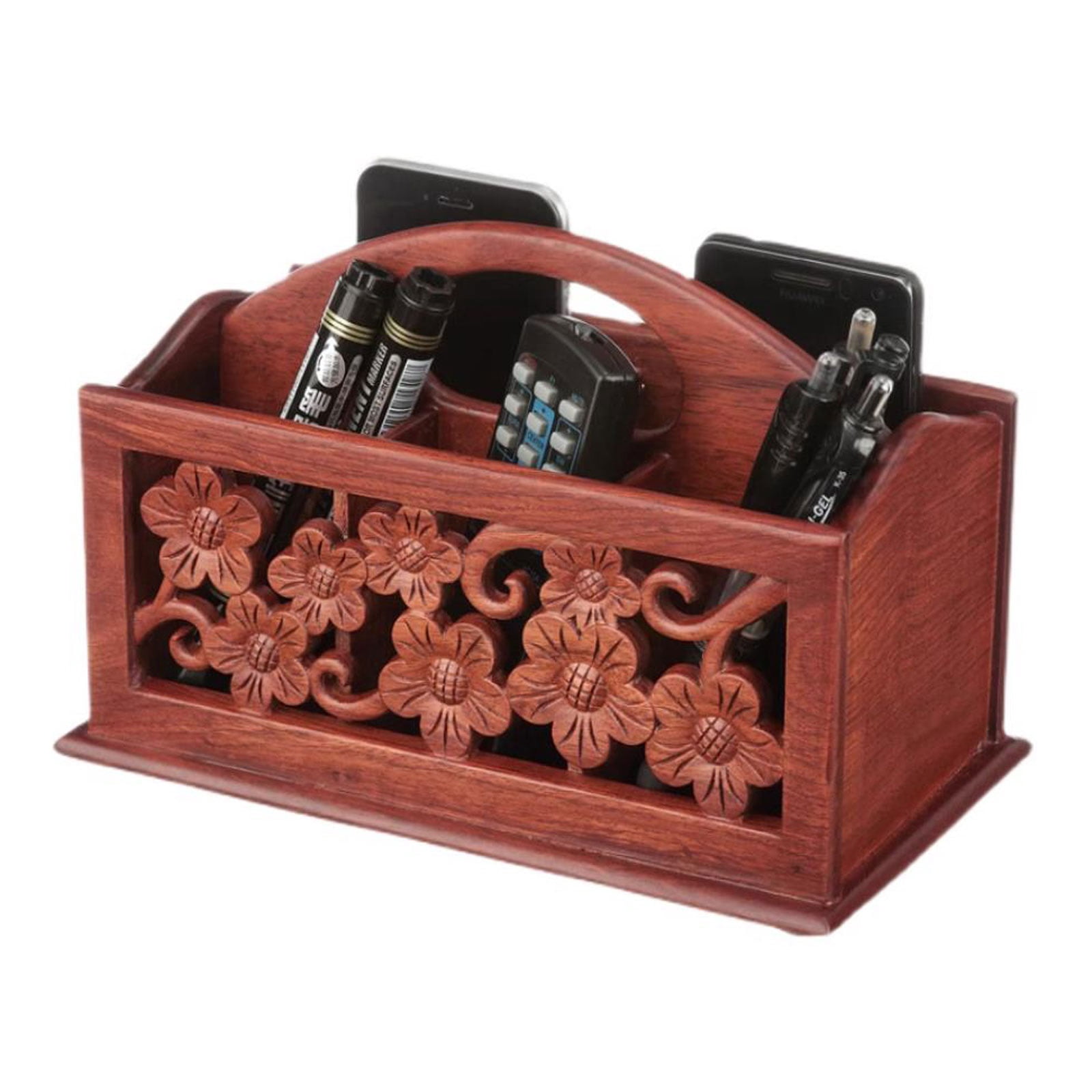 Wood Remote Control Holder Storage Basket, Home Office Desk Caddy ...