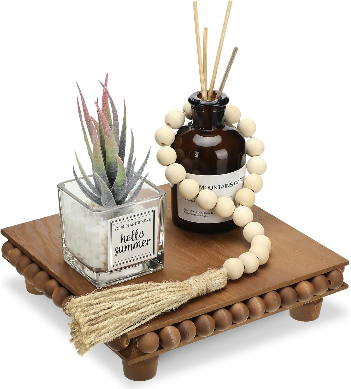 Wood Riser and Wood Bead Garland Set Wooden Trivets Farmhouse Beaded ...