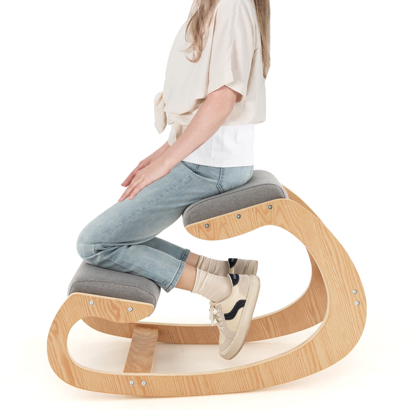 Wood Rocking Posture Stool Ergonomic Kneeling Chair w/ Cushion Back ...