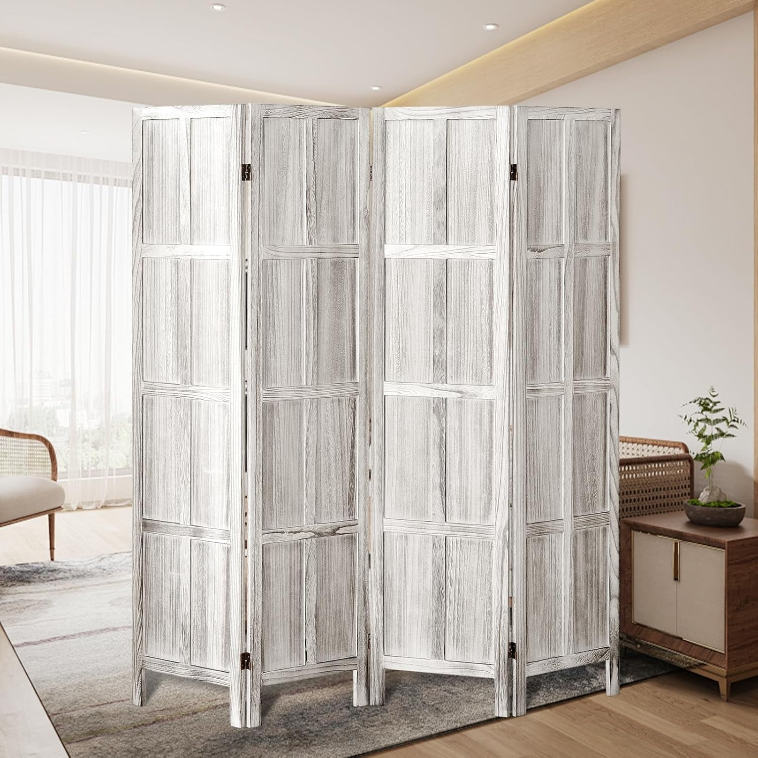 Wood Room Divider 4 Panel, 5.6 FT Tall Room Divider and Folding Privacy ...