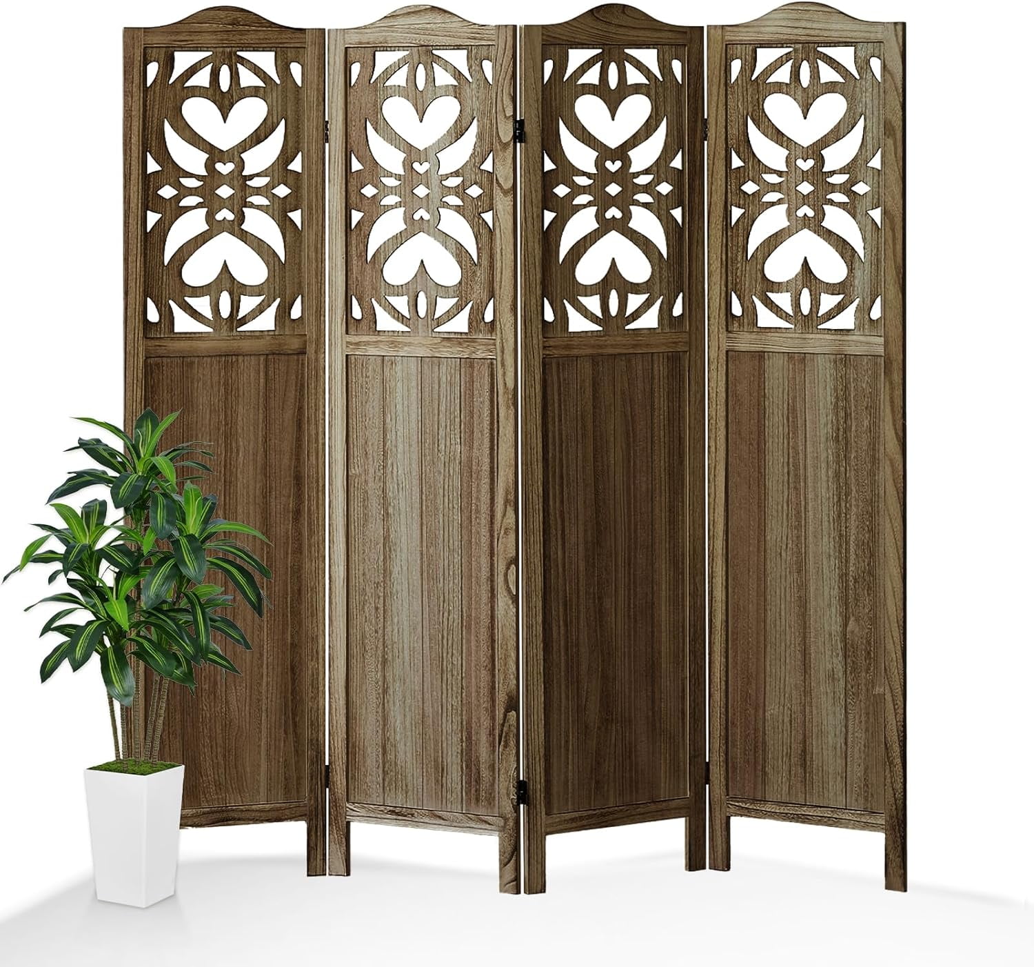 Wood Room Divider 4 Panel, 5.6Ft Carved Room Divider Wall and Folding ...