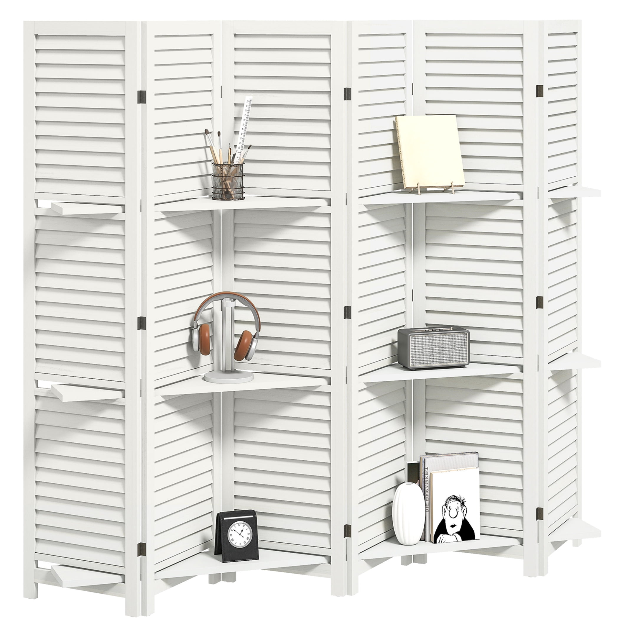 Wood Room Divider 6 Panel 67" Tall Privacy Screen with 3 Shelves ...