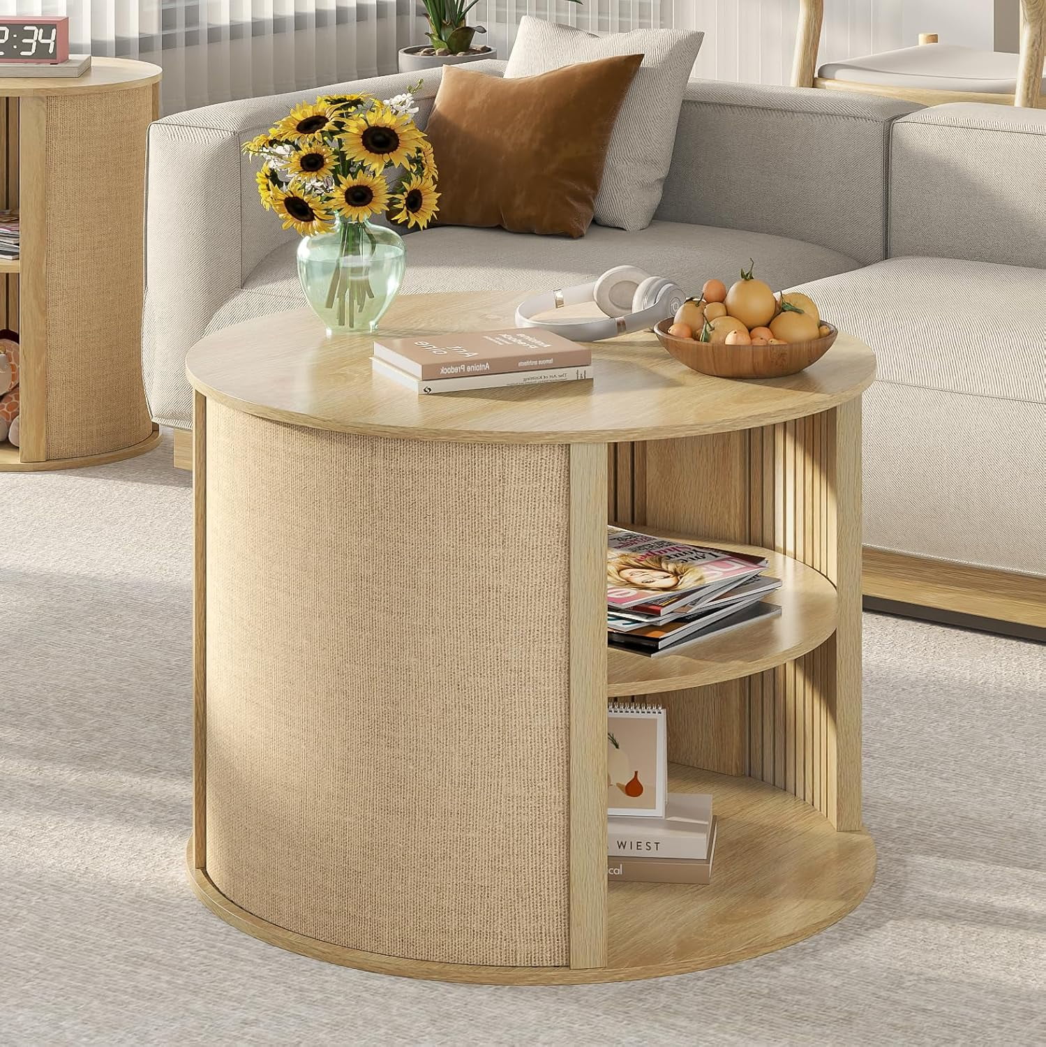 Wood Round Coffee Table with Storage, 2-Tier Boho Small Circle Center ...