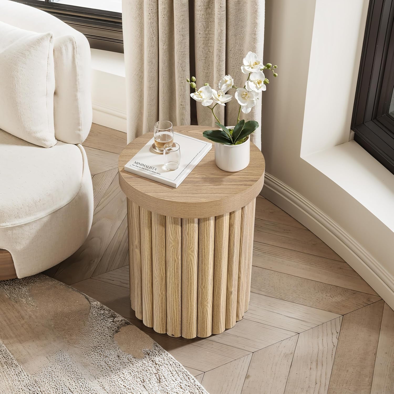 Wood Round Side Table, 19" Fluted End Table for Small Spaces, Mid ...