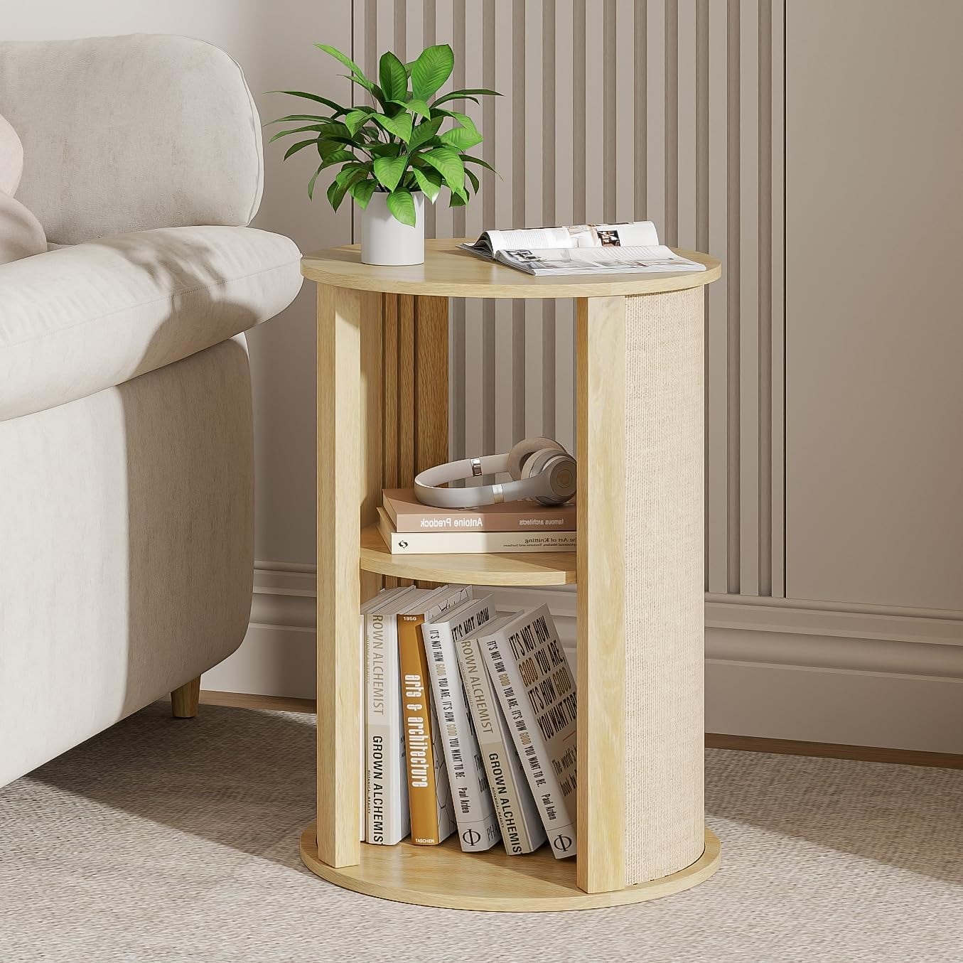 Wood Round Side Table for Sofa, 2-Tier Boho Farmhouse Couch Bedside End ...