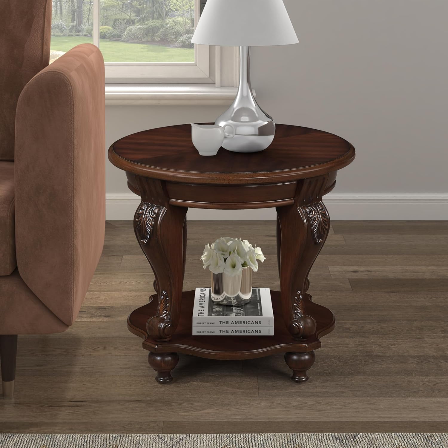 Wood Round Sofa Table with Antique Carved Legs Oval End Table with ...