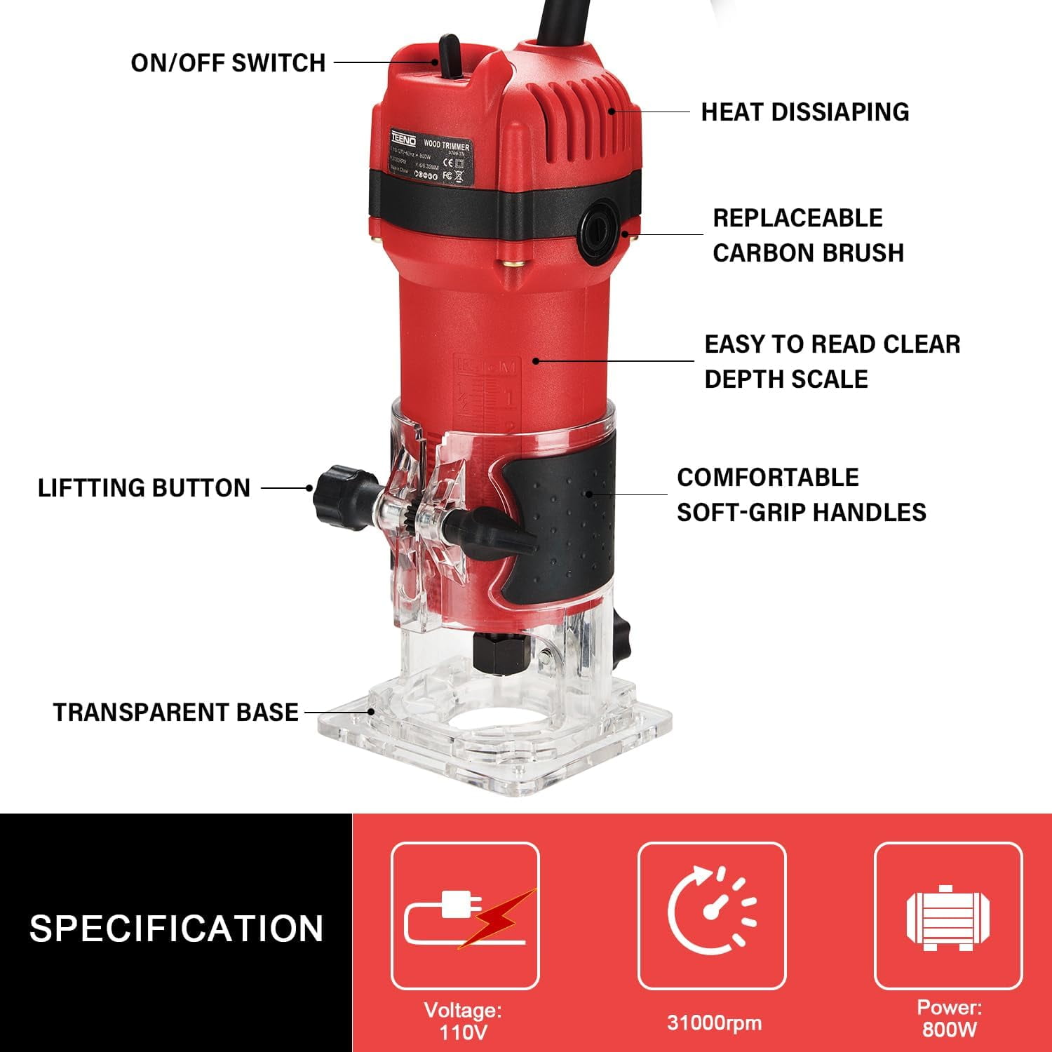 Wood Router, 6.5Amp 1.25HP Wood Routers for Woodworking, 800W Hand Wood ...