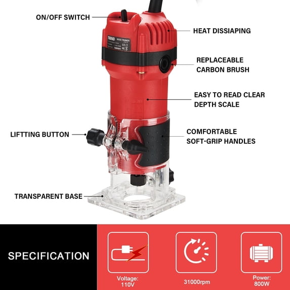 Wood Router, 6.5Amp 1.25HP Wood Routers for Woodworking, 800W Hand Wood ...