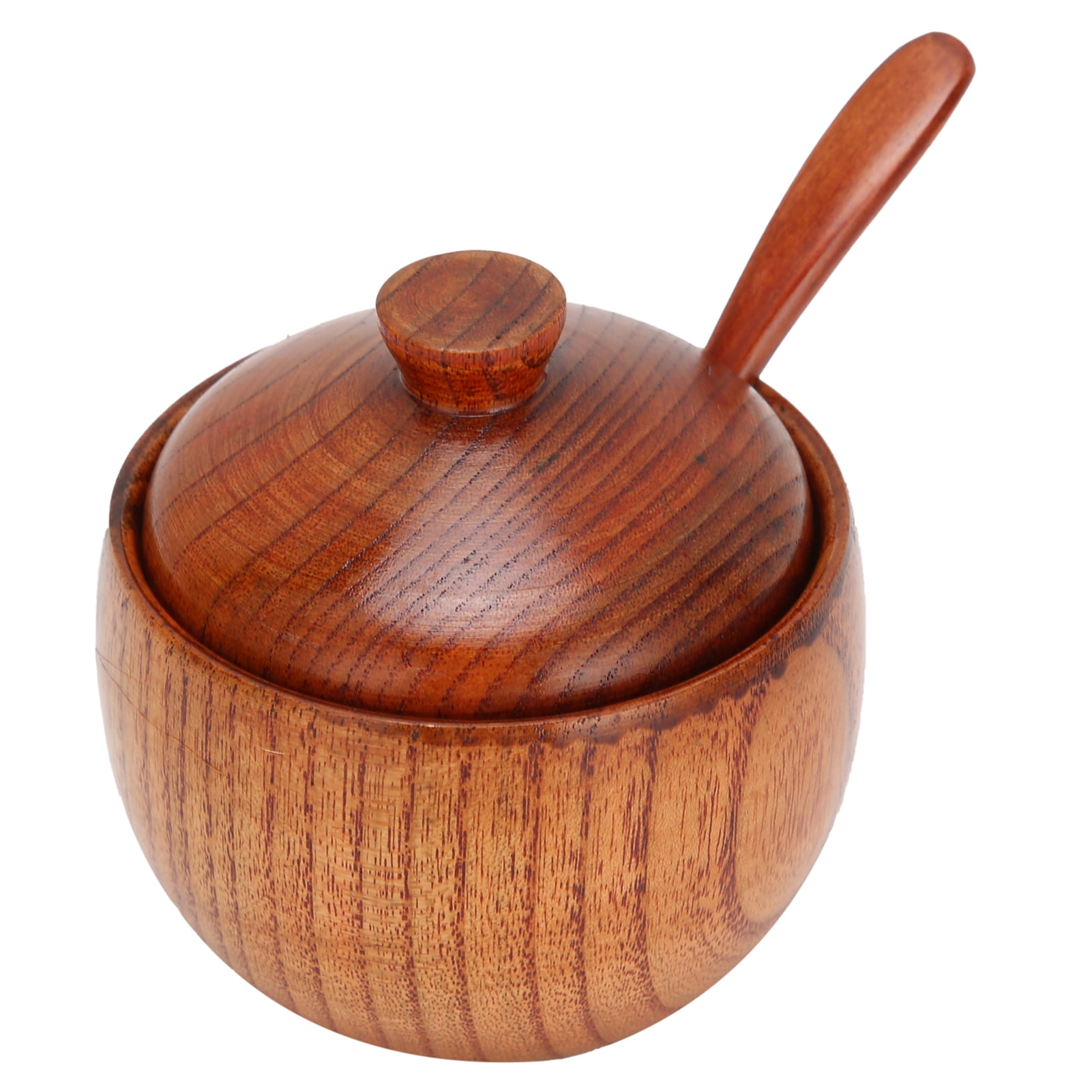 Wood Salt Box Spice Jar, Natural Wooden Salt Cellar with Lid and Spoon, Sugar Bowl Pepper ...