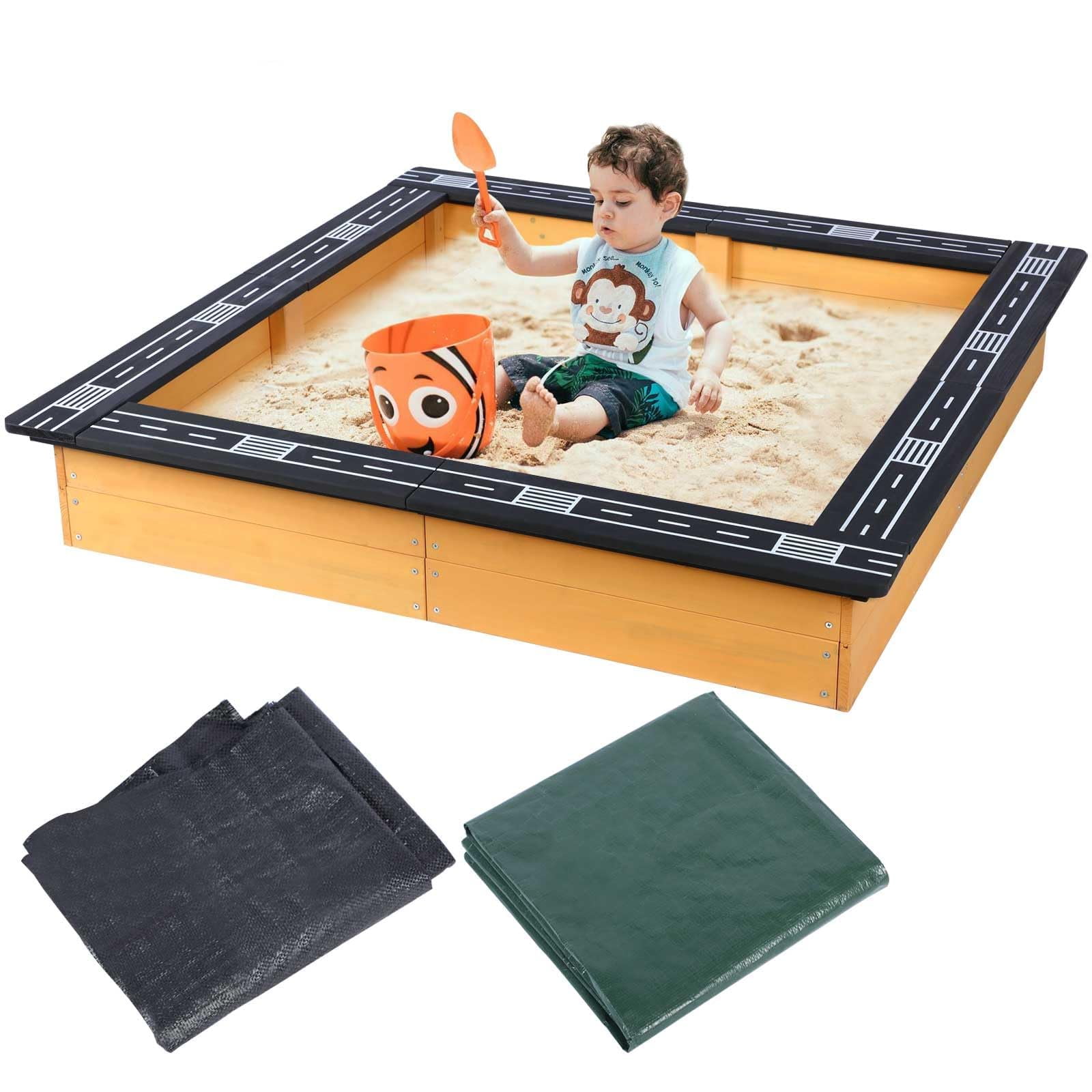 Wood Sandbox with Cover，DIY Raceable Race Track Seats，Sand Protection ...