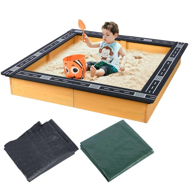 Wood Sandbox with Cover，DIY Raceable Race Track Seats，Sand Protection ...