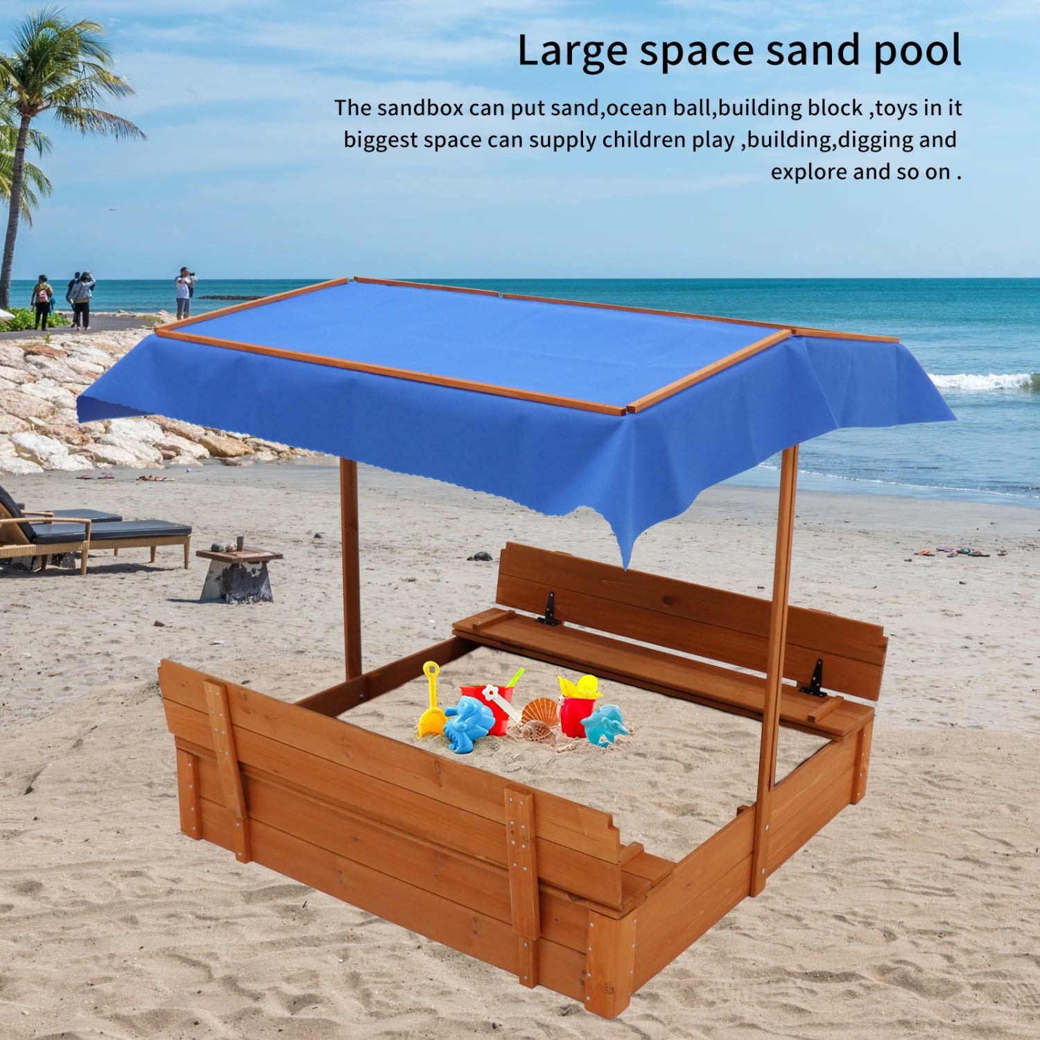 Wood Sandbox with Cover Sand Box with 2 Bench Seats for Aged 3-8 Years ...