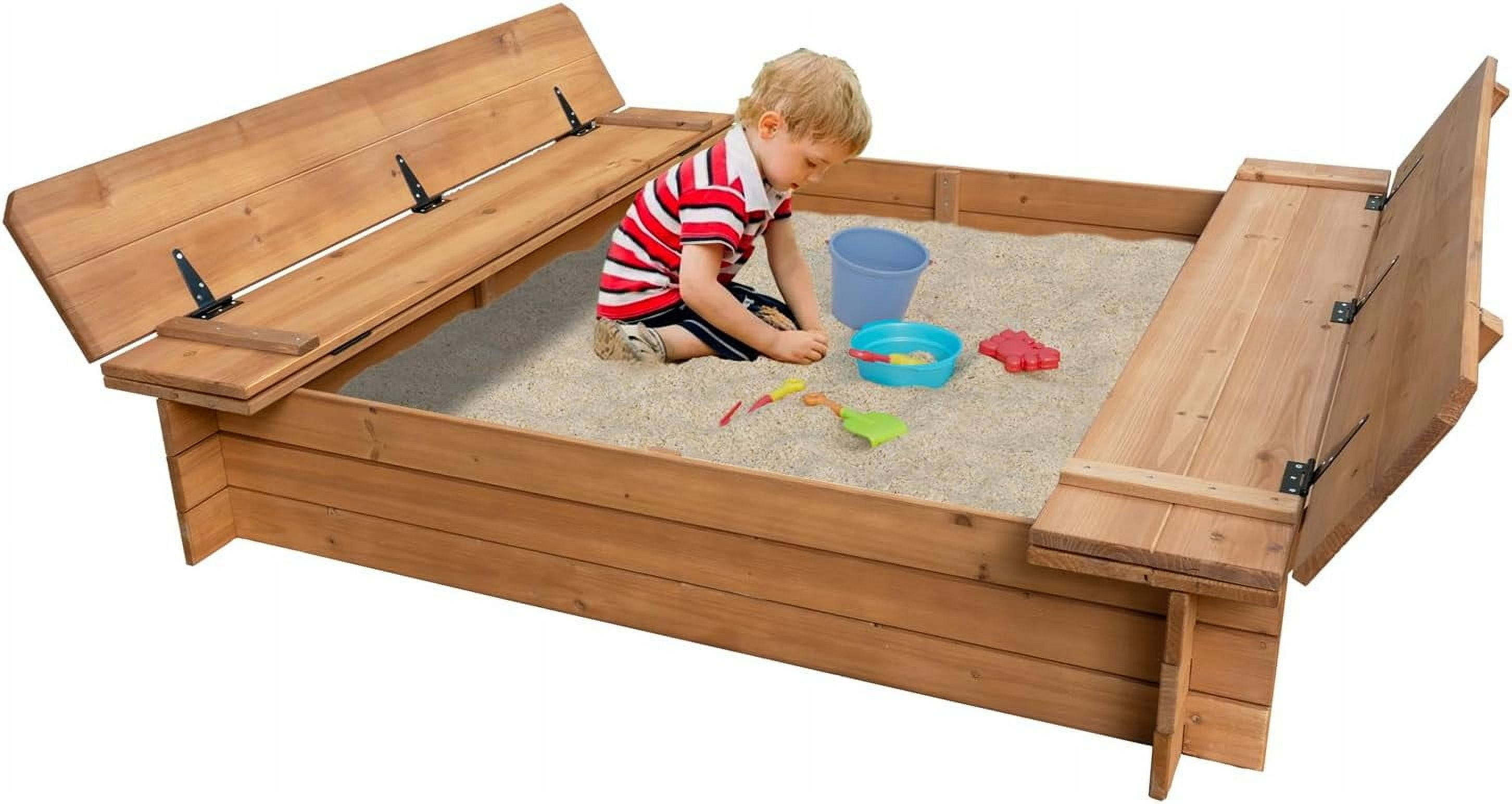 Wood Sandbox with 2 Bench Seats, Sand Boxes with Lid for Kids, Sand Pit ...