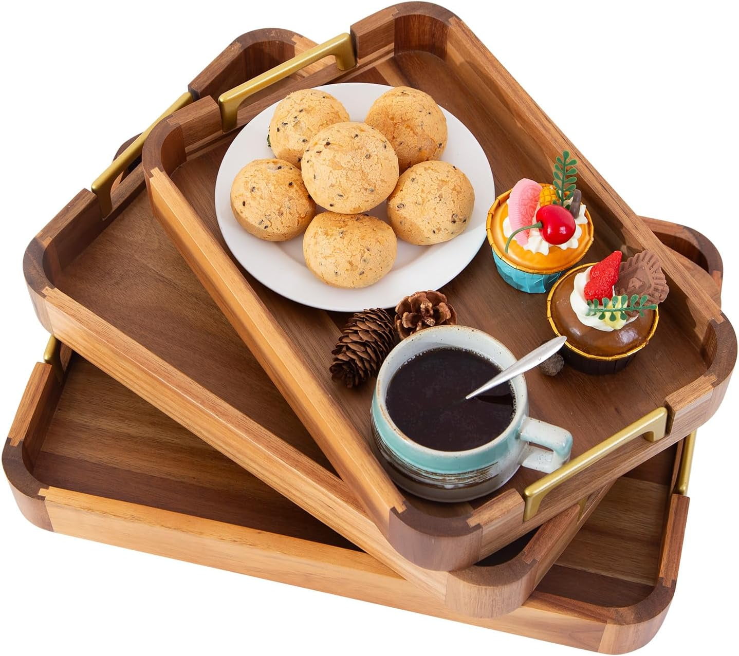 Wood Serving Trays with Handles, Acacia Nested Decorative Trays Metal ...