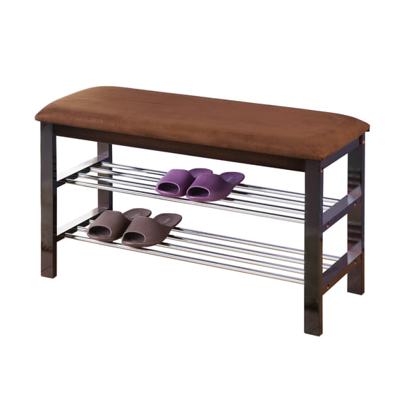 Wood Shoe Bench with Chocolate Microfiber Seat, Espresso - 2-Tier Shoe ...