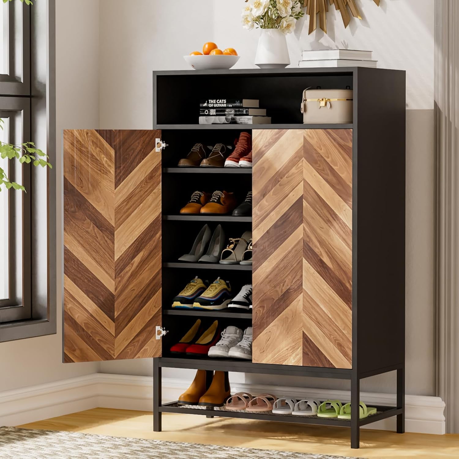 Wood Shoe Cabinet with Doors, 24 Pair Shoe Storage Organizer with ...