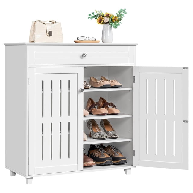 Wood Shoe Cabinet, Shoe Rack with 1 Big Drawer & 4 Storage Shelves ...