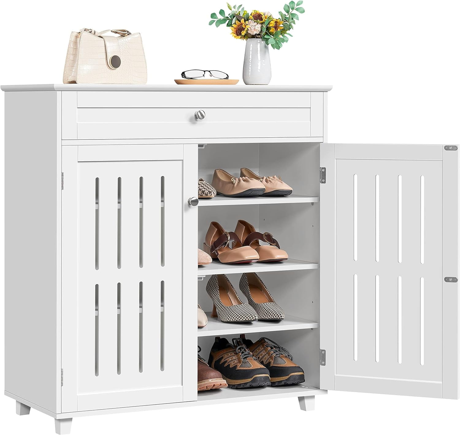 Wood Shoe Cabinet, Shoe Rack with 1 Big Drawer & 4 Storage Shelves ...
