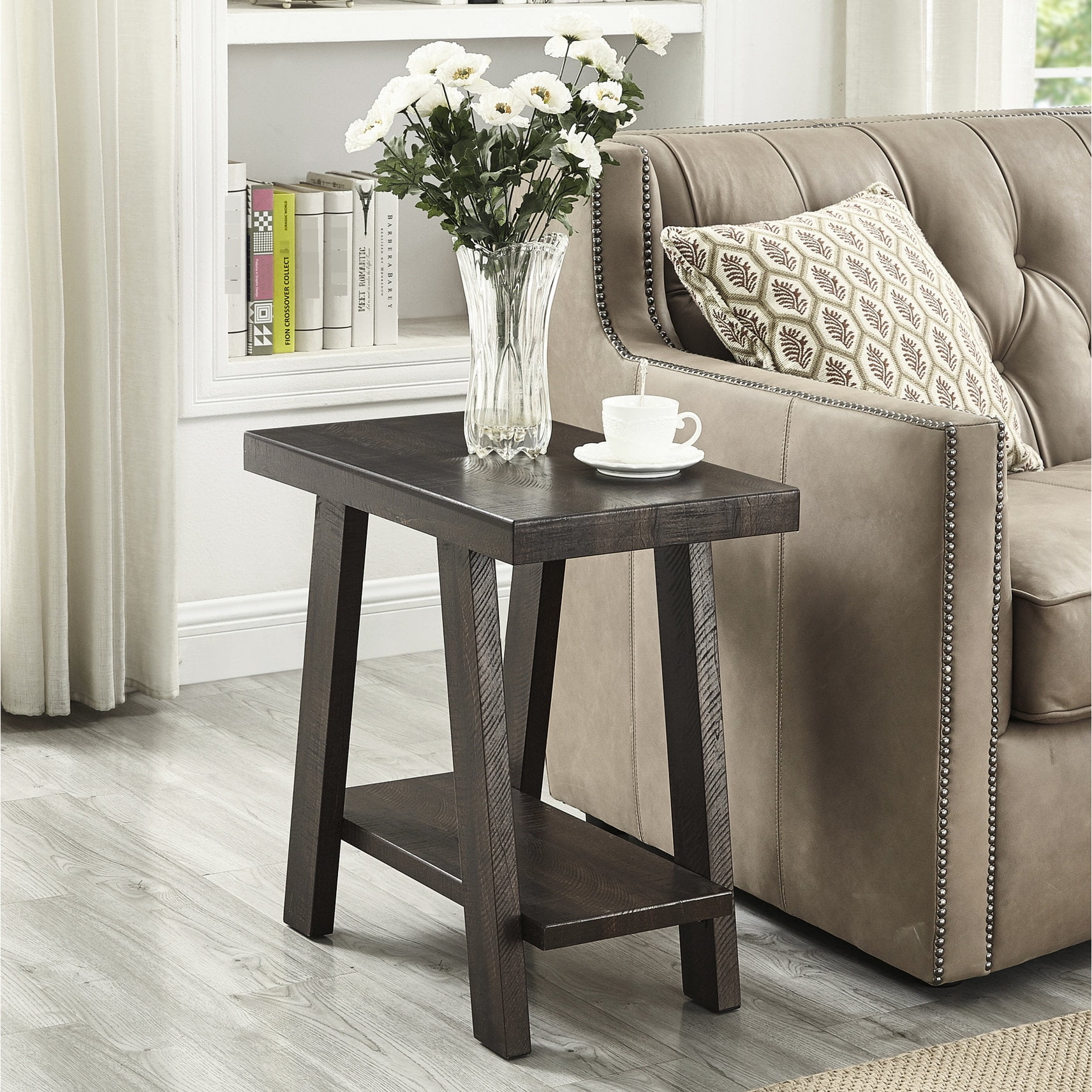 Wood Side Table with Extended Top and Storage / Espresso Contemporary ...