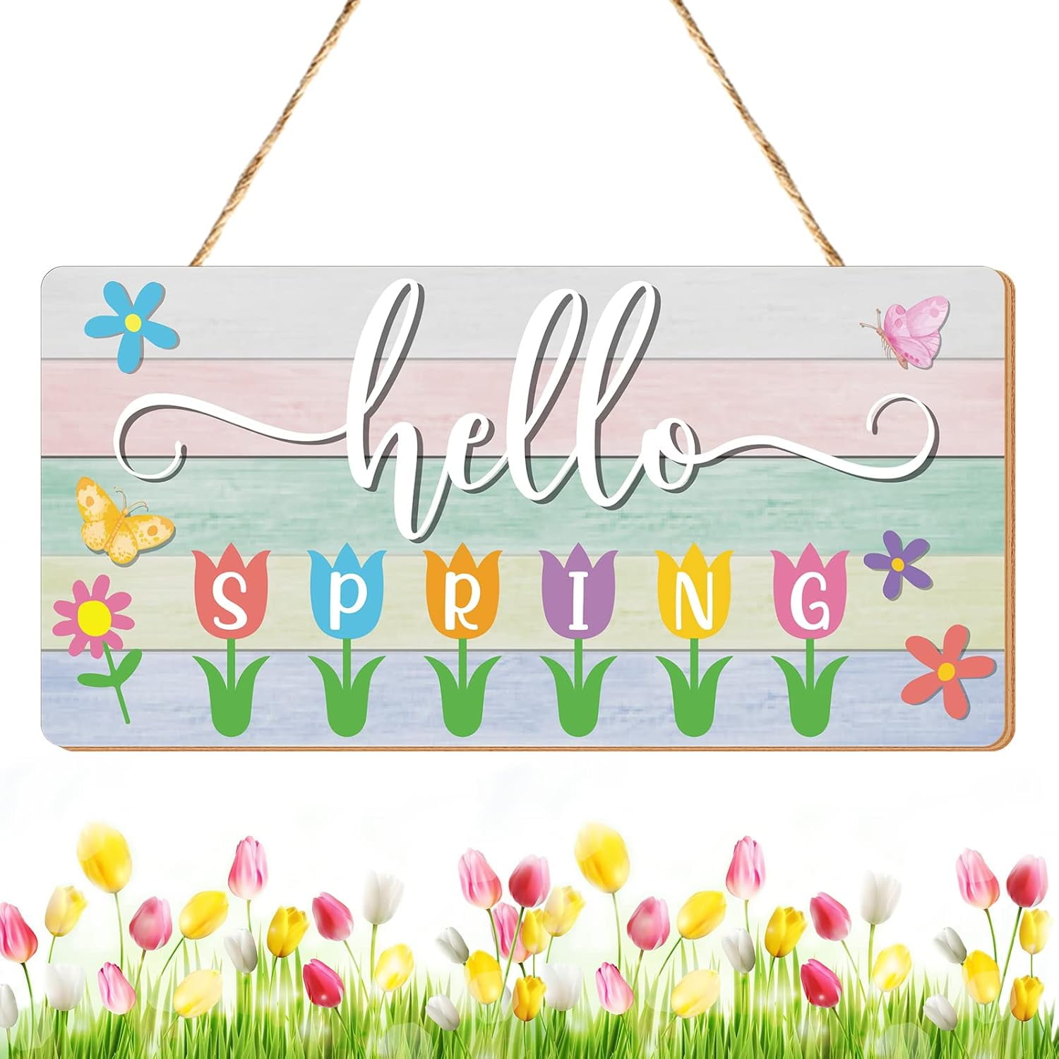 Wood Sign 6x12 Inch Hello Spring Wood Signs Colorful Tulip Flowers ...