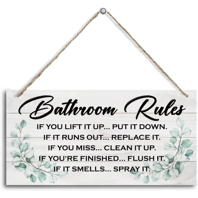 Wood Sign 5x10 Inch Hanging Bathroom Rules Wood Decor Sign Hanging ...