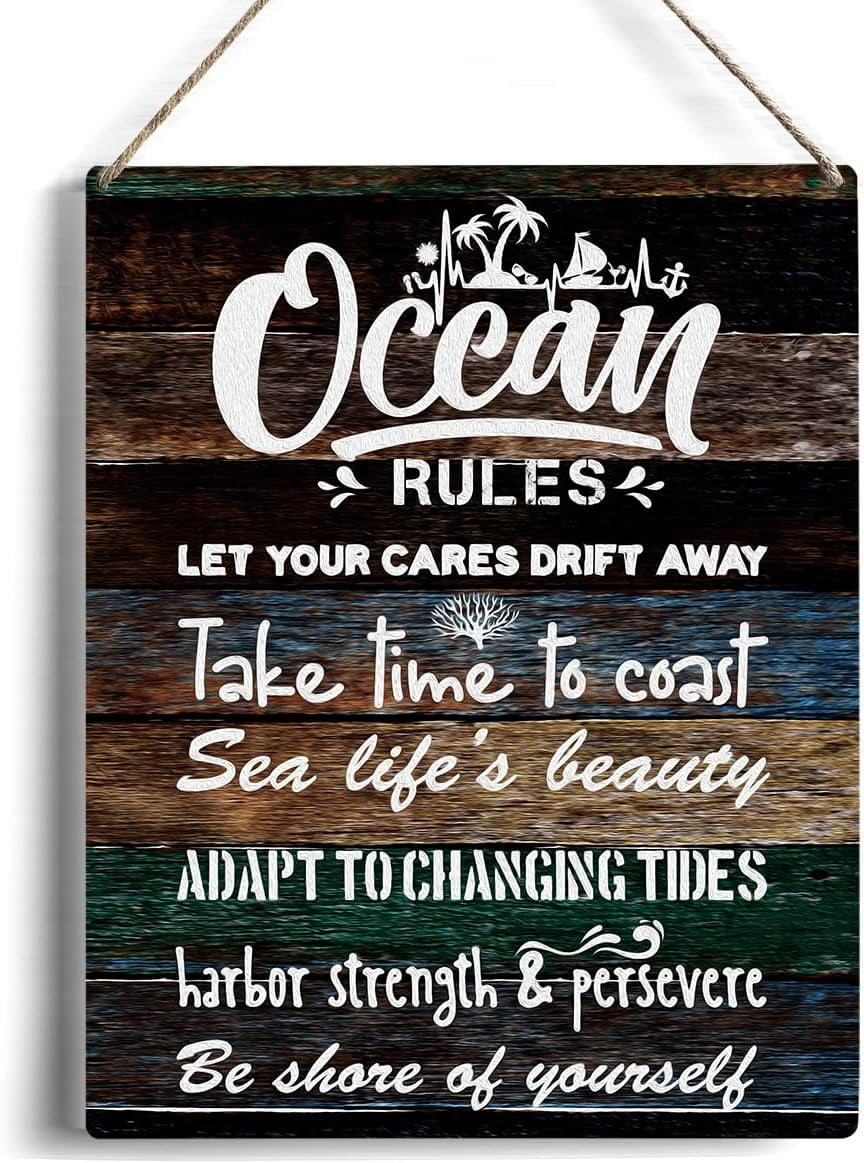 Wood Sign 8x12 Inch Rustic Ocean Rules Wood Signs Ocean Rules Sayings ...
