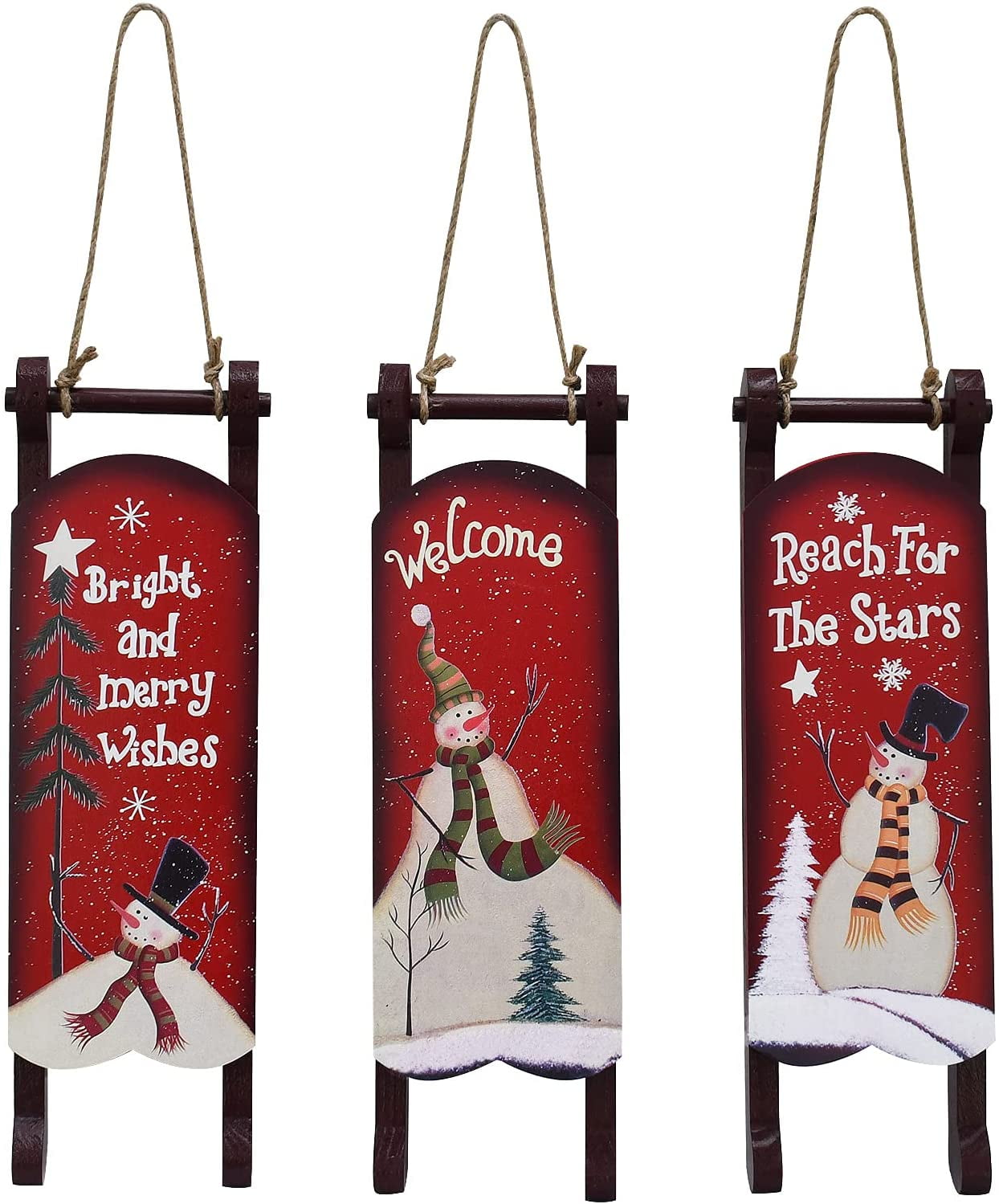 Wood Sleigh Decor Rustic Christmas Hanging Ornament Set of 3 ...