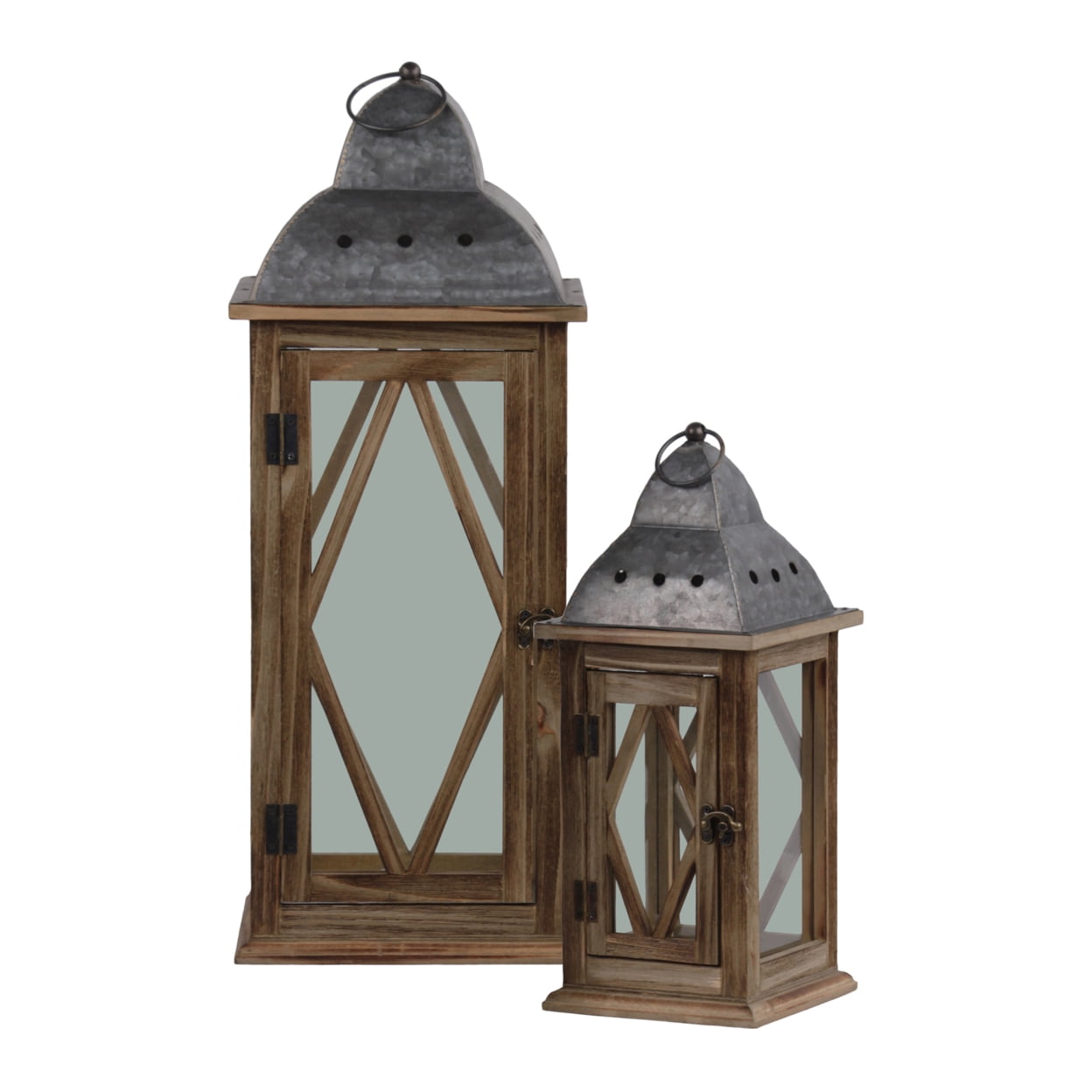 Wood Square Lantern with Pierced Metal Finial Top, Ring Handle, and ...