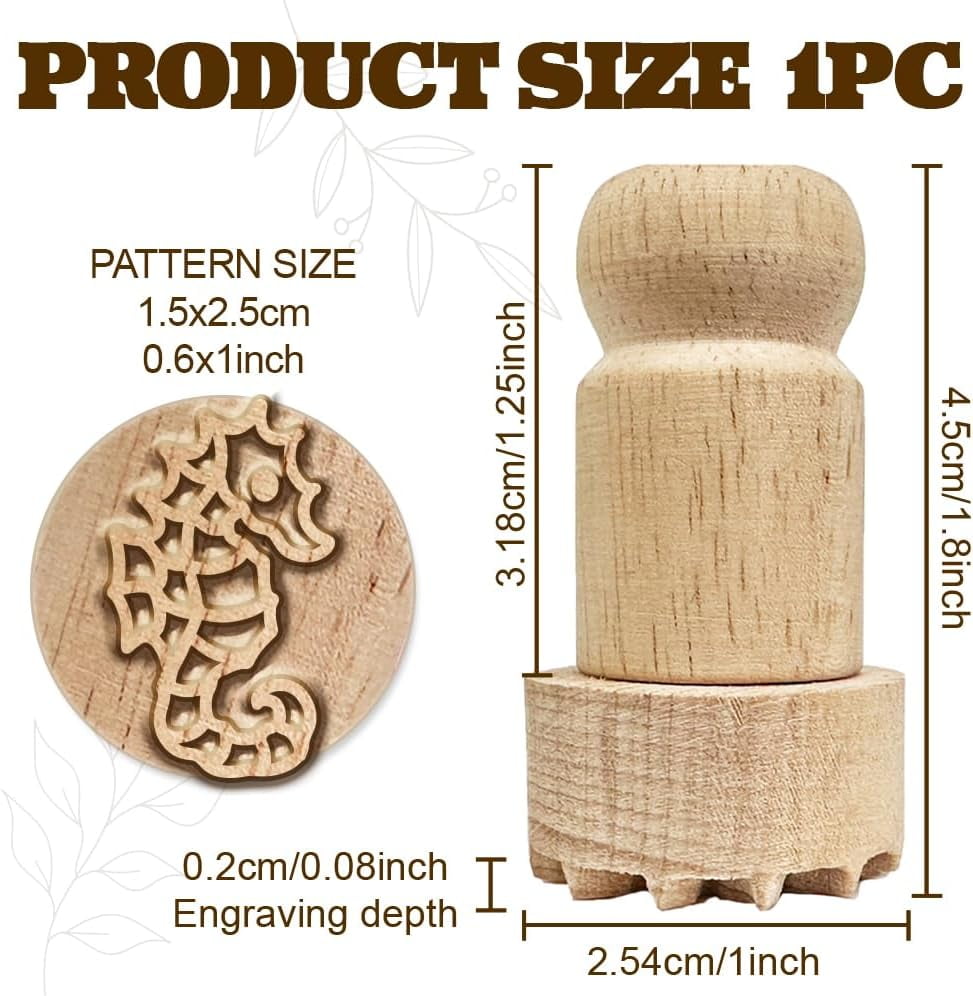 Wood Stamps with Handle 1.8x1 Inch Seahorse Round Stamp Wooden Clay ...