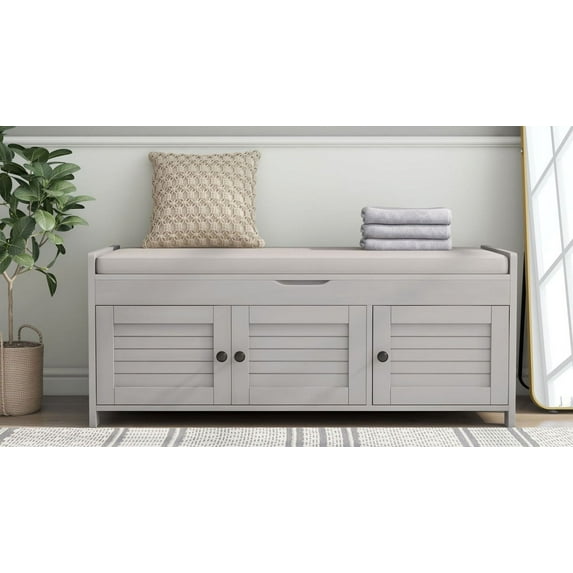 Wood Storage Bench with 3 Shutter-Shaped Doors, 43.5" Shoe Bench with ...