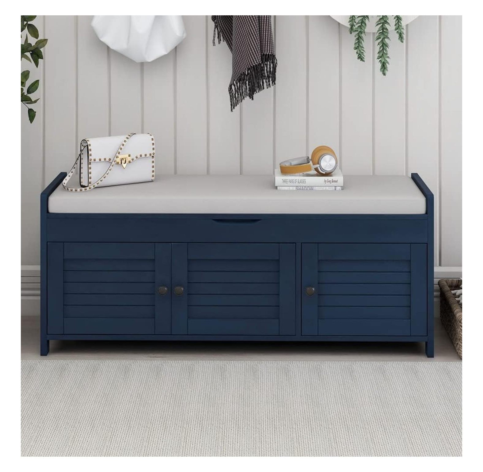Wood Storage Bench with 3 Shutter-Shaped Doors, Shoe Bench with 2 Size ...