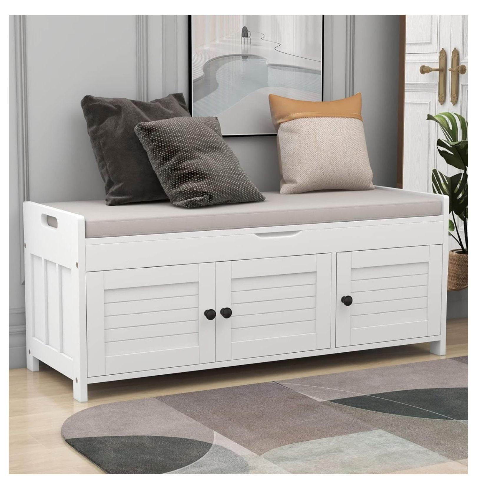 Wood Storage Bench with 3 Shutter-Shaped Doors, Shoe Bench with 2 Size ...