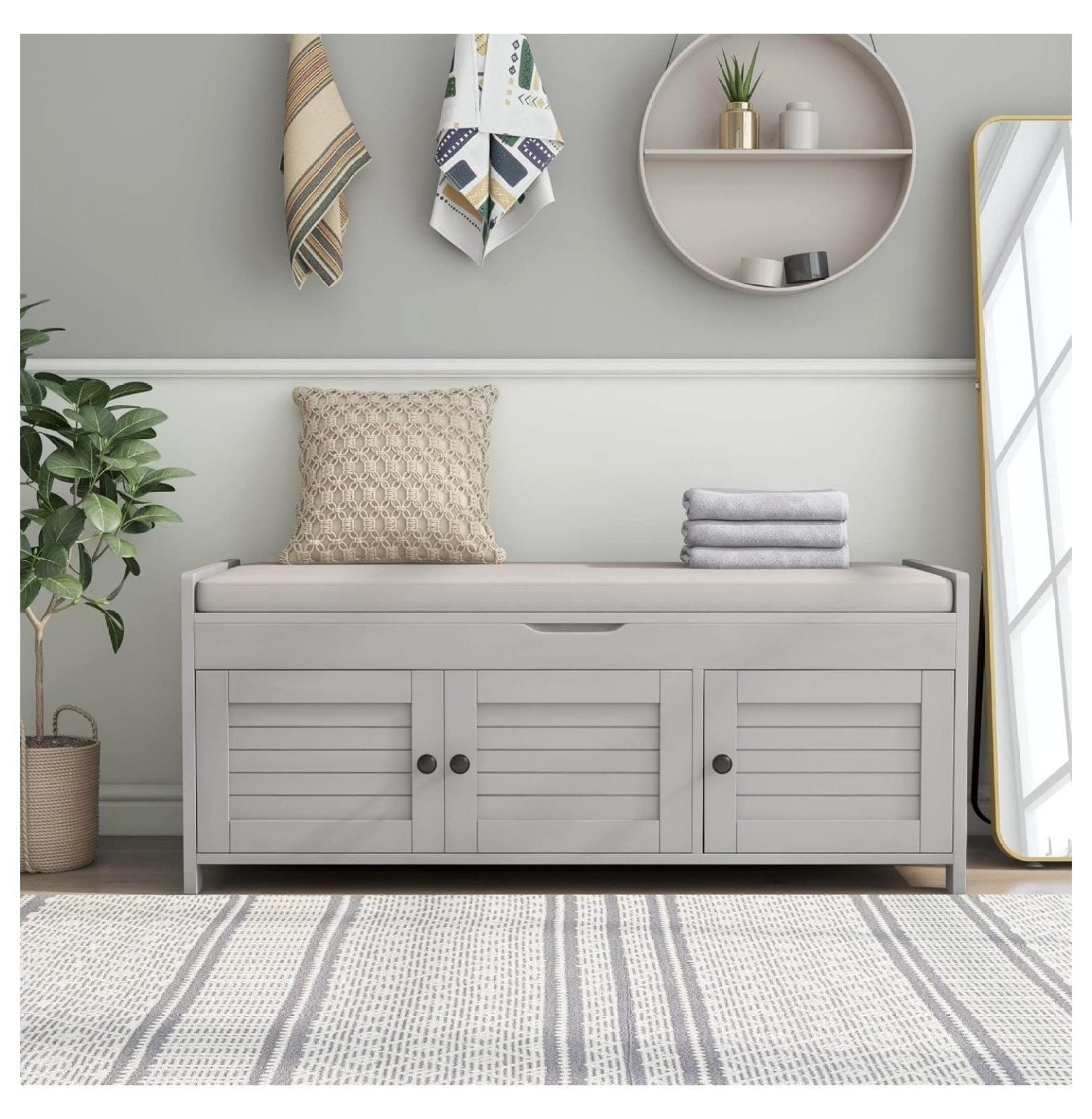 Wood Storage Bench with 3 Shutter-Shaped Doors, Shoe Bench with 2 Size ...