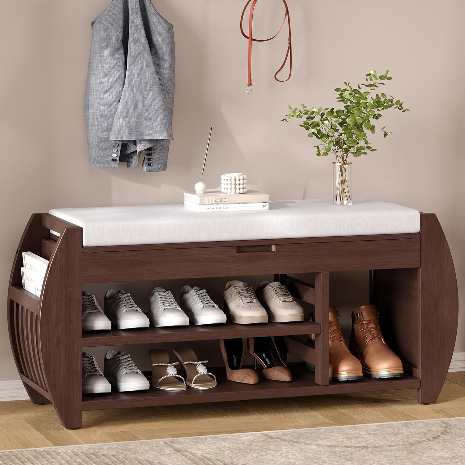 Wood Storage Bench 42-Inch Entryway Shoe Bench with Removable & Hidden ...